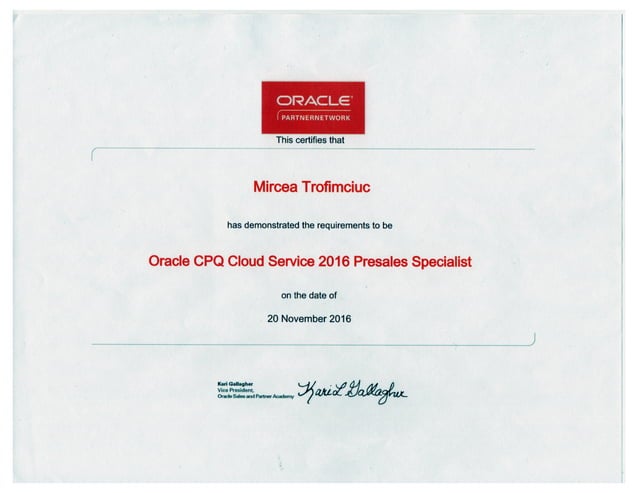 Mircea Trofimciuc's Oracle CPQ Cloud Presales Specialist | PDF