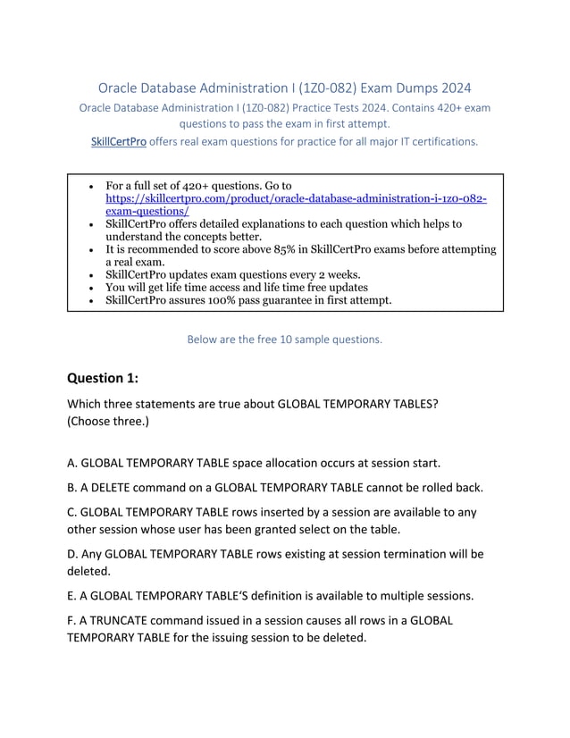Oracle Database Administration I 1z0 082 Exam Dumps 2024 Pdf