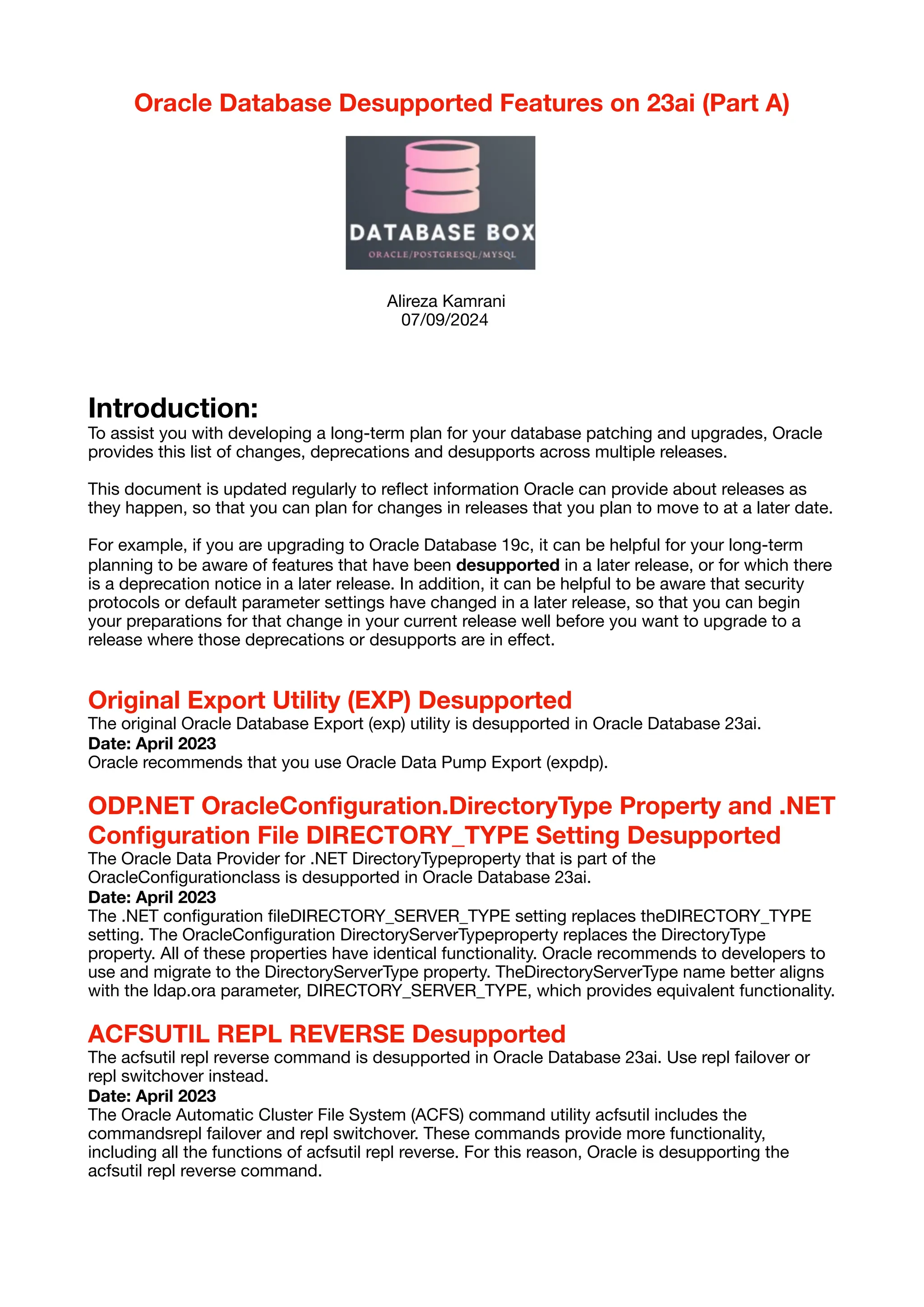 Oracle Database Desupported Features On 23ai Part A Pdf Web Development Internet