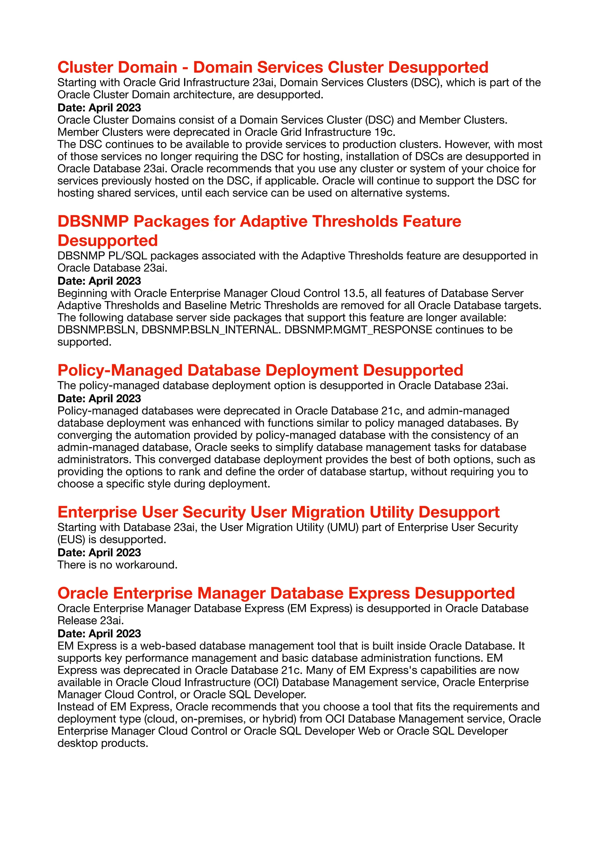 Oracle Database Desupported Features on 23ai (Part A) | PDF | Web Development | Internet