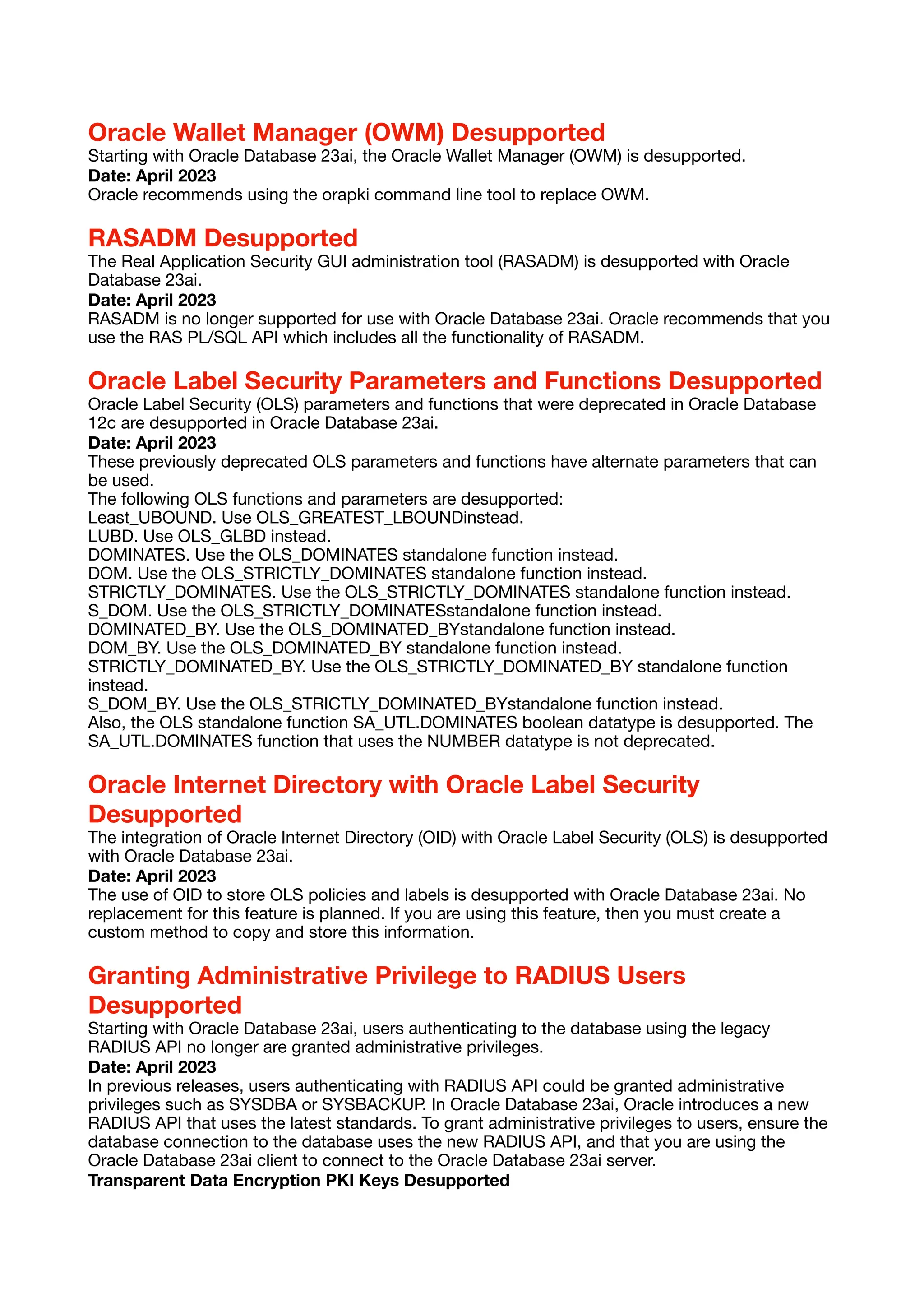 Oracle Database Desupported Features on 23ai (Part A) | PDF | Web Development | Internet