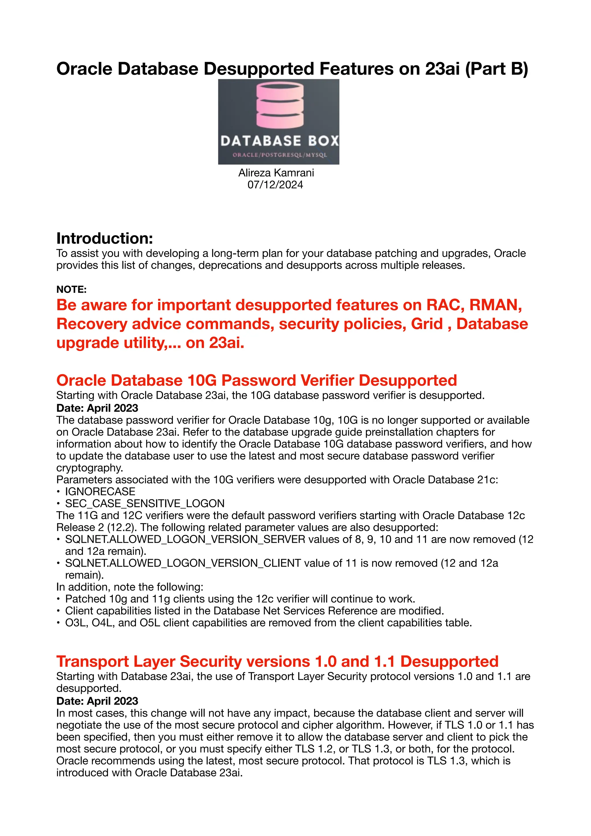 Oracle Database Desupported Features on 23ai (Part B) | PDF | Databases | Computer Software and ...