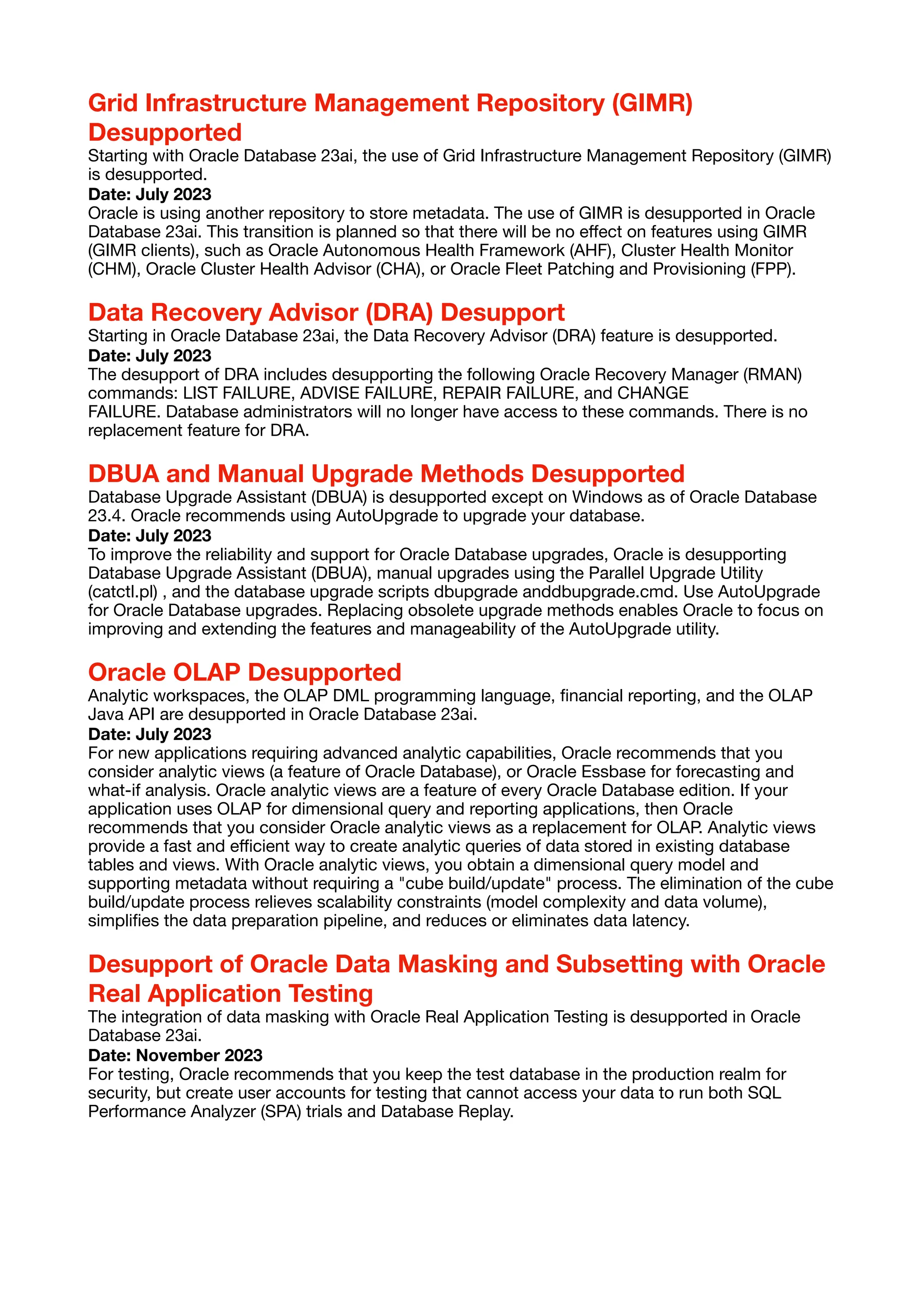 Oracle Database Desupported Features On 23ai Part B Pdf Databases