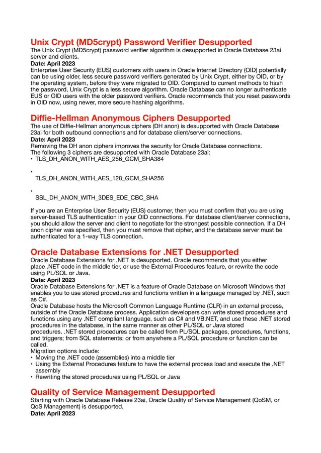 Oracle Database Desupported Features On 23ai Part B Pdf