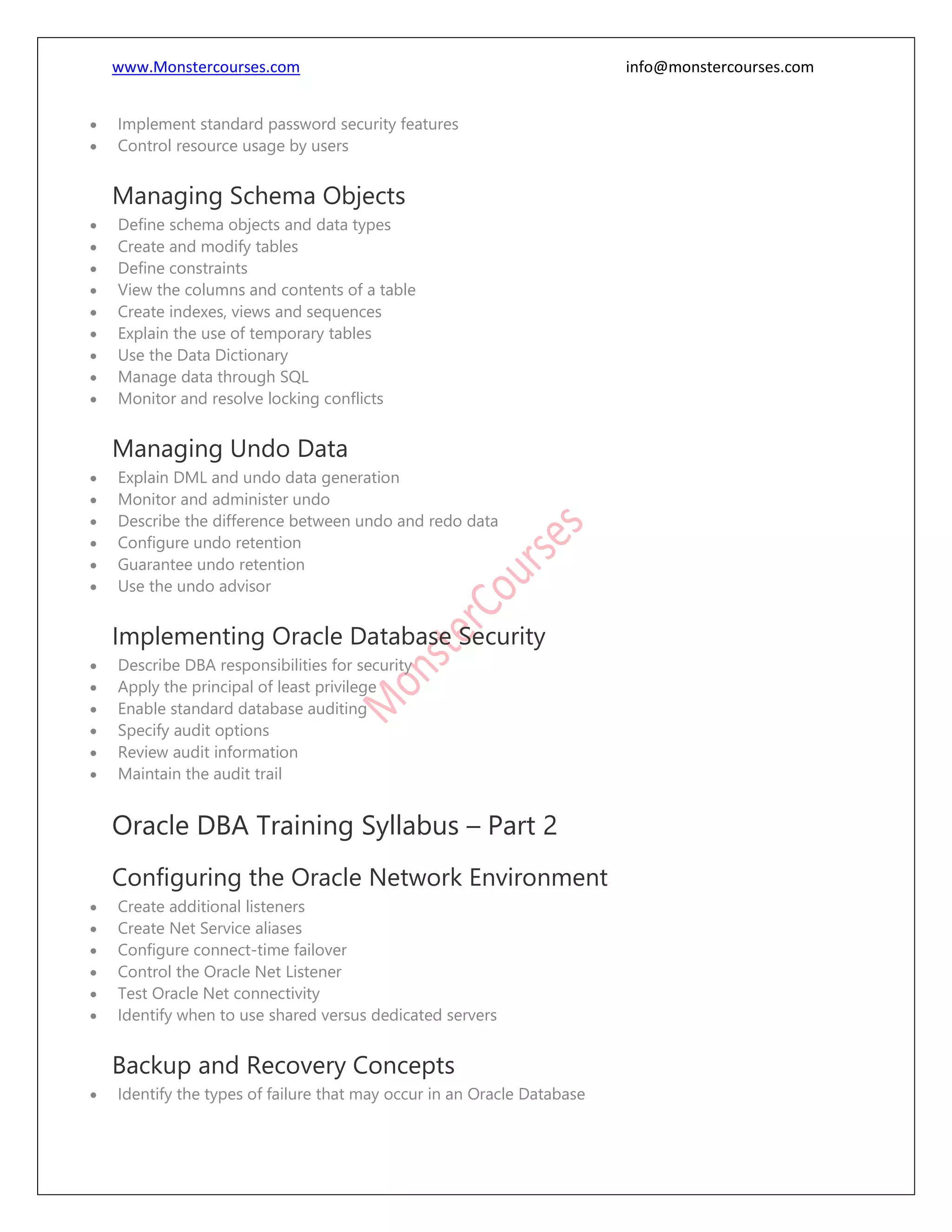 Oracle dba 12c training syllabus | PDF