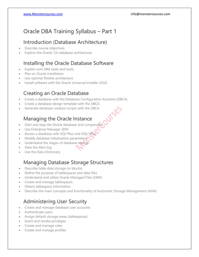 Oracle dba 12c training syllabus | PDF