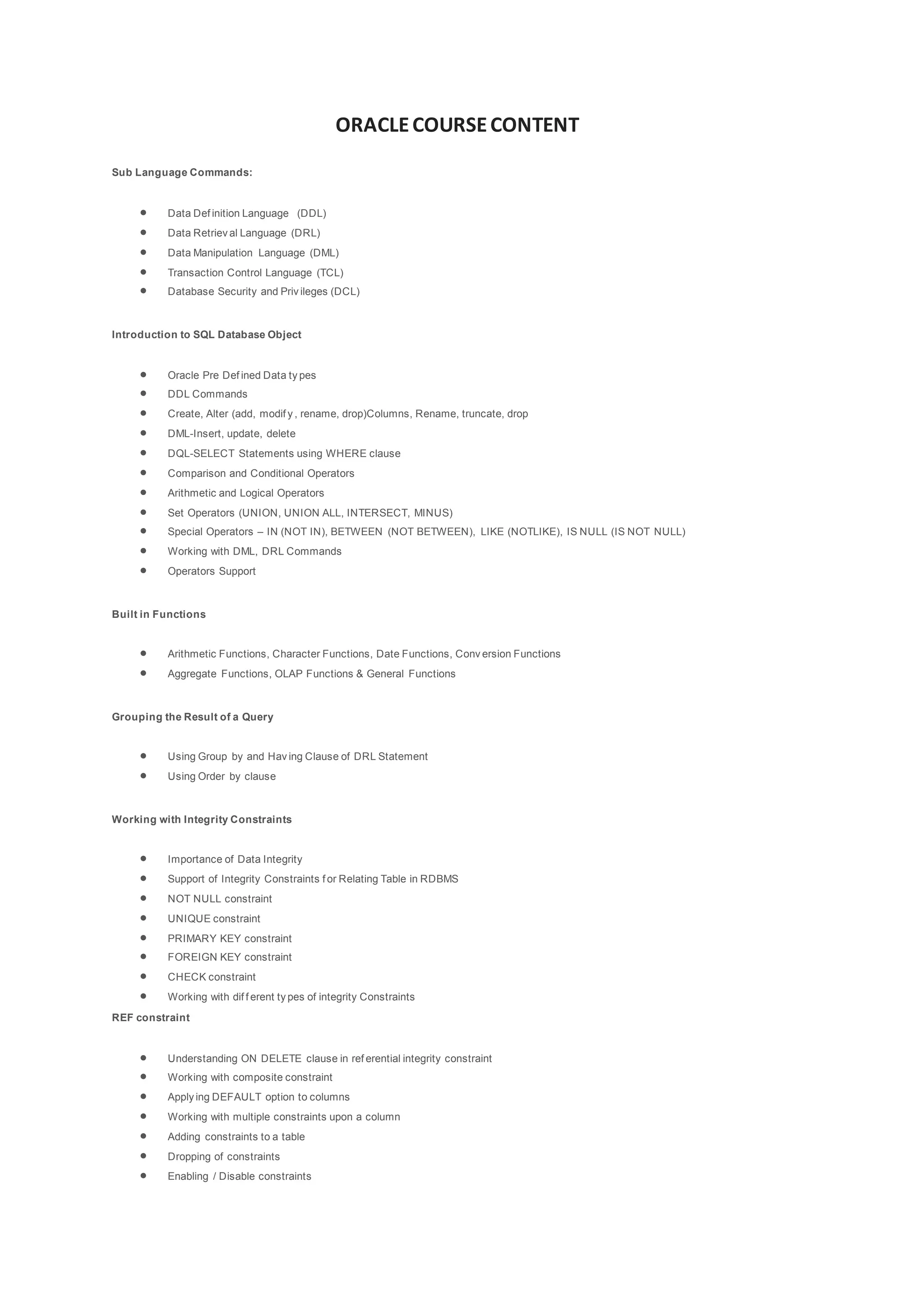 Oracle Course content | DOCX
