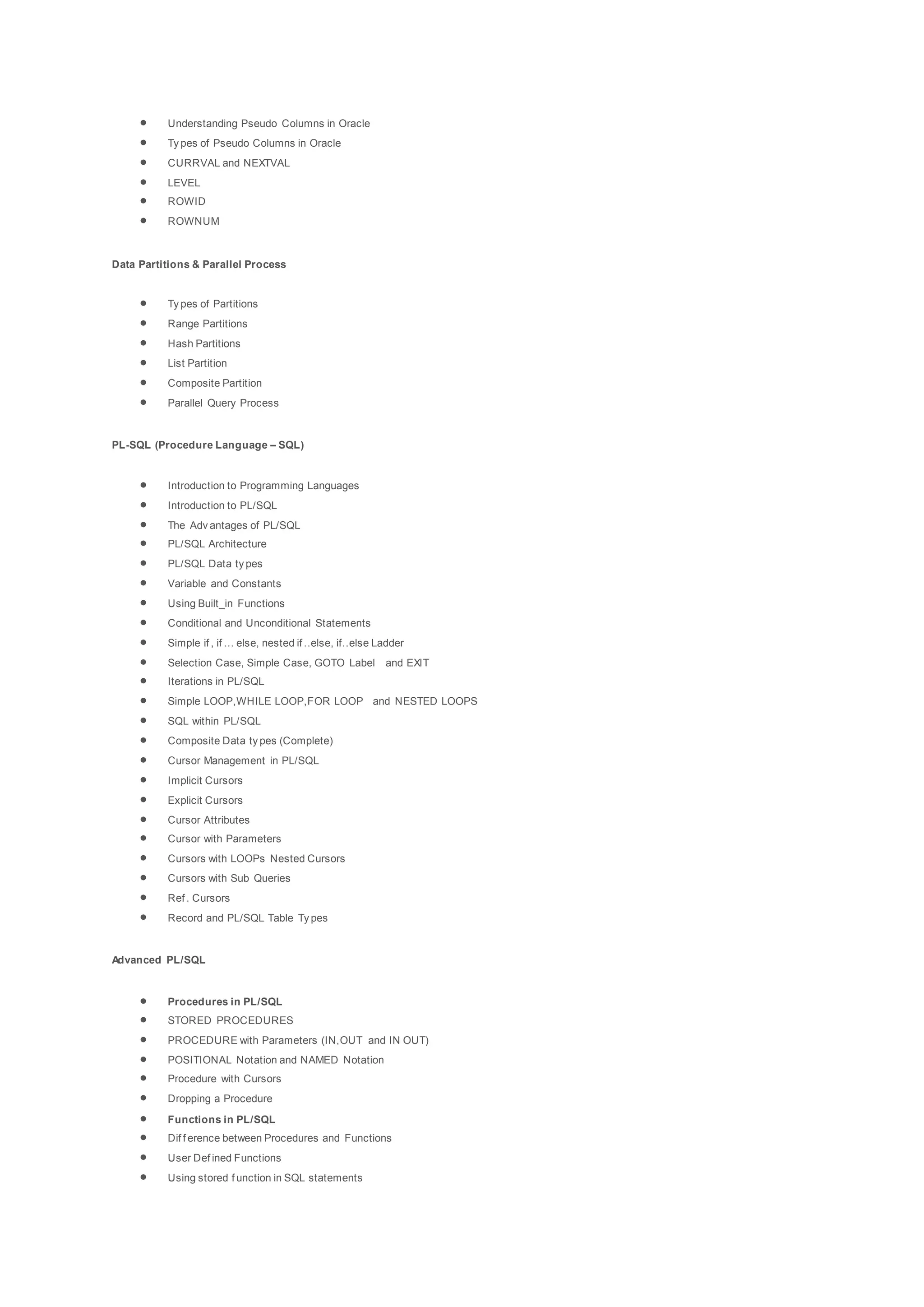 Oracle Course content | DOCX