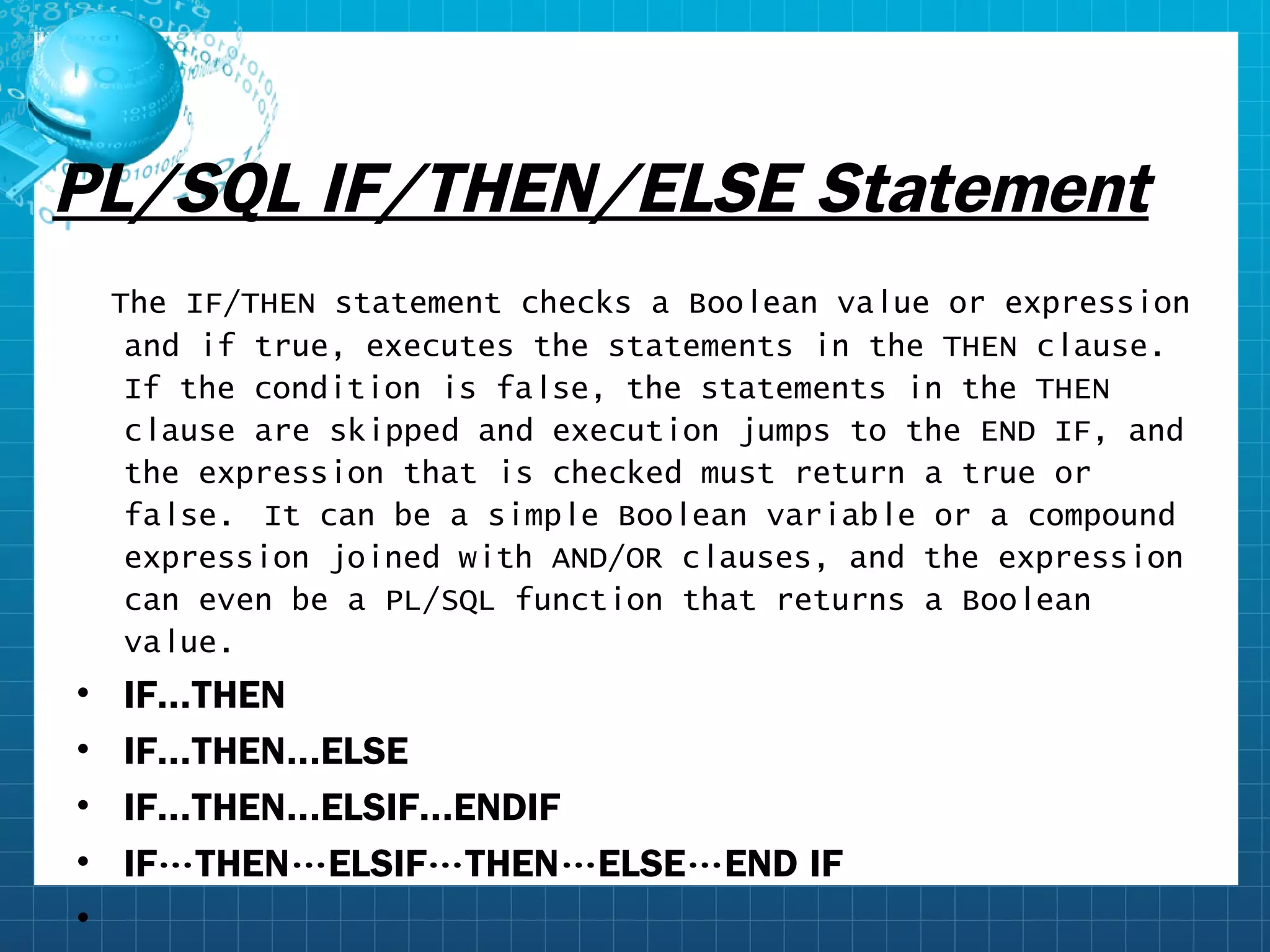 Oracle pl/sql control statments | PPT | Programming Languages | Computing