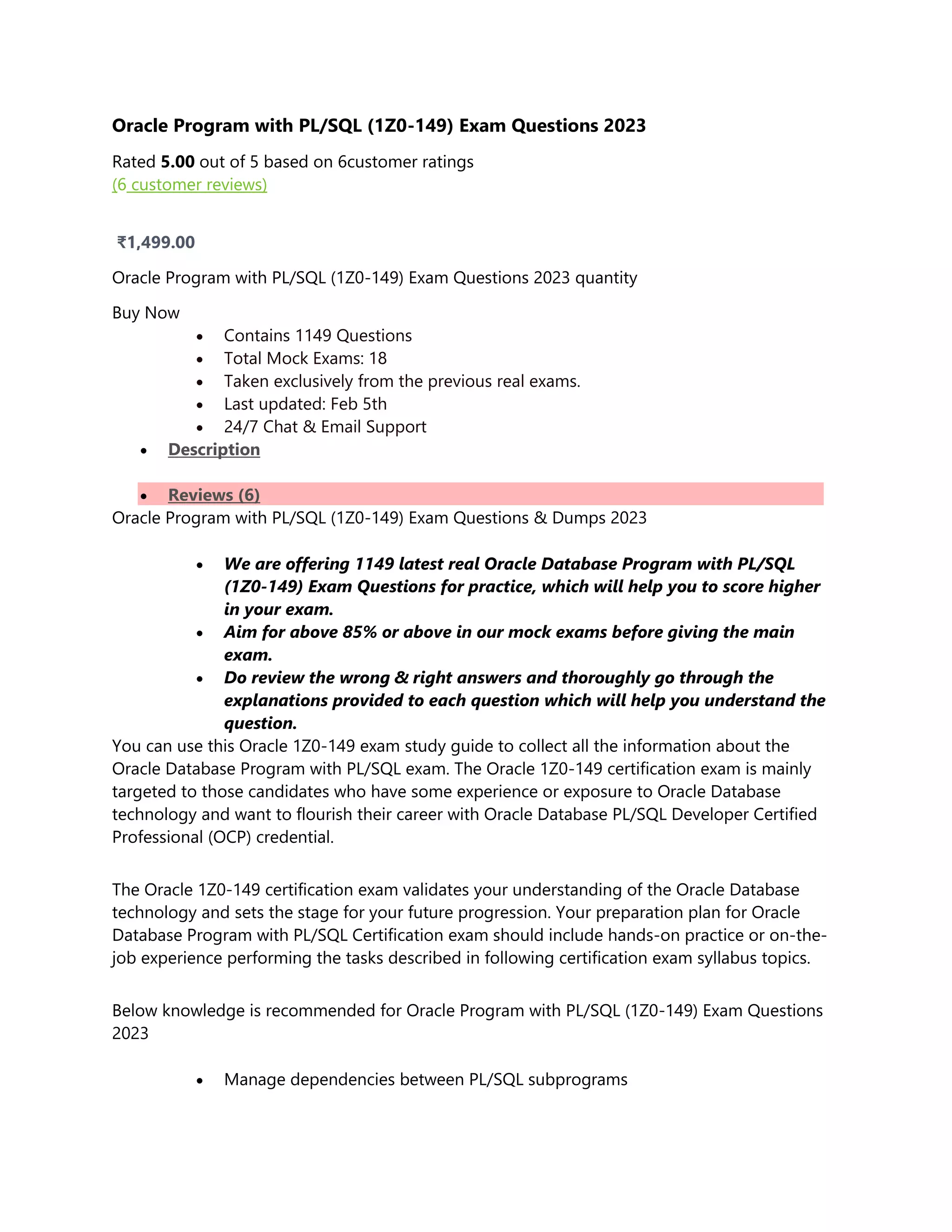 Oracle Program with PLSQL (1Z0-149) Exam Questions 2023.docx