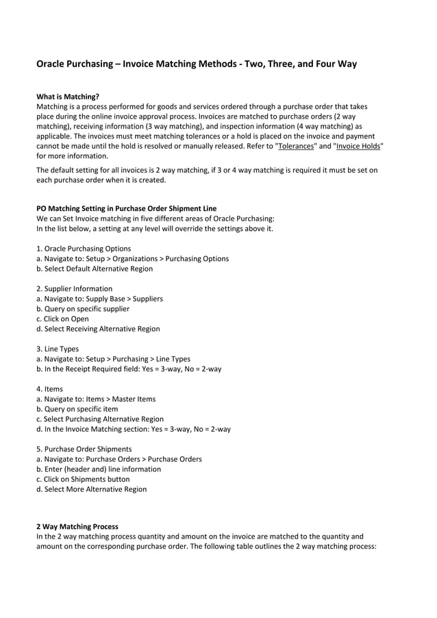 Oracle Purchasing – Invoice Matching Methods - Two, Three, and Four Way | PDF | Business ...