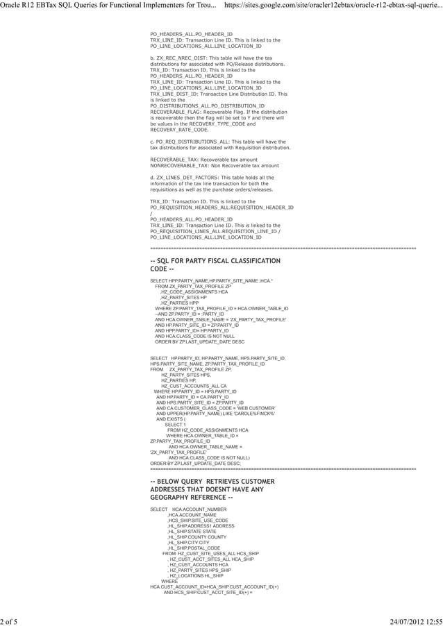 Oracle r12 eb tax sql queries for functional implementers for troubleshooting oracle r12 upgrade ...