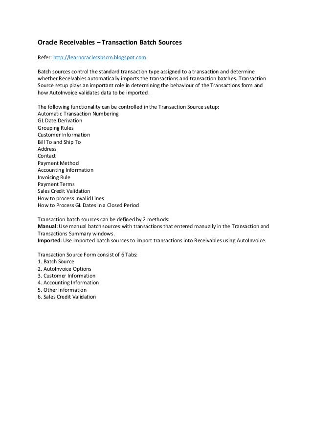 Oracle Receivables Transaction Batch Sources