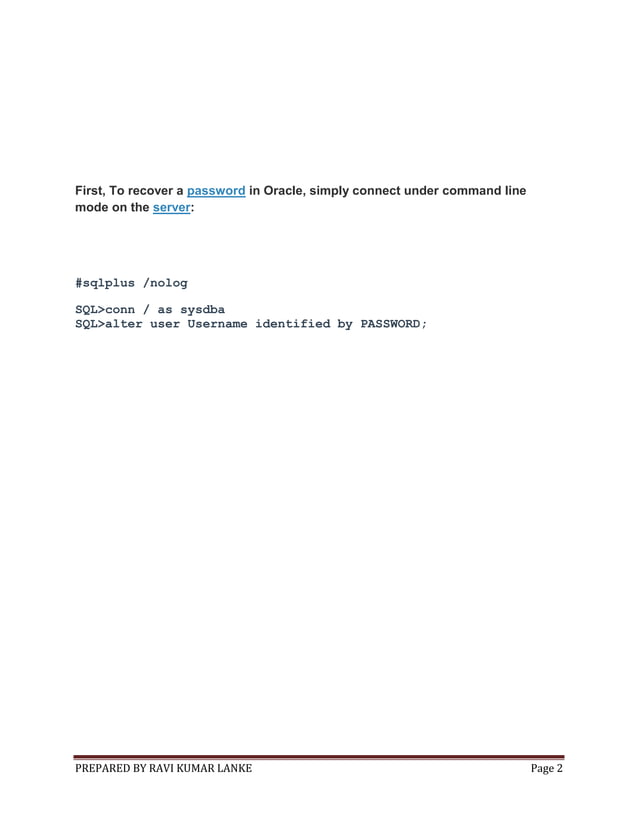 RESETTING THE LOST ORACLE DBA PASSWORD | PDF