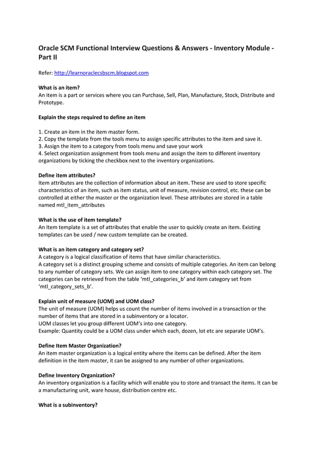 Oracle Scm Functional Interview Questions And Answers Inventory Module Part Ii Pdf