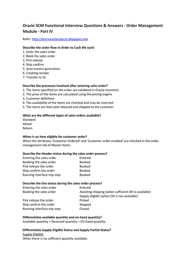 Oracle SCM Functional Interview Questions & Answers - Order Management Module - Part IV | PDF