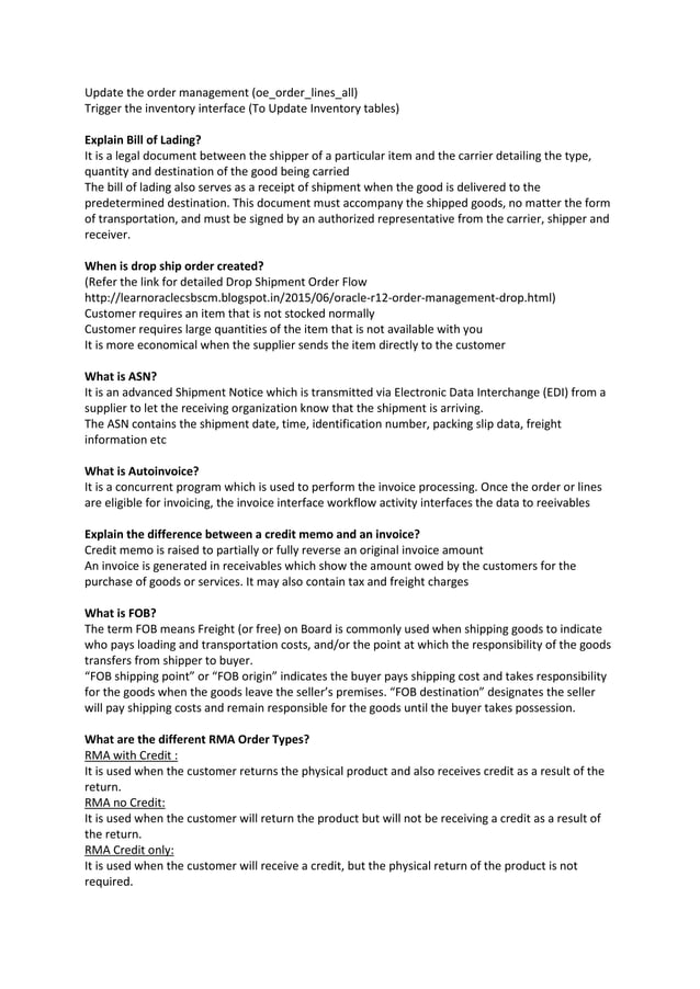 Oracle SCM Functional Interview Questions & Answers - Order Management Module - Part IV | PDF
