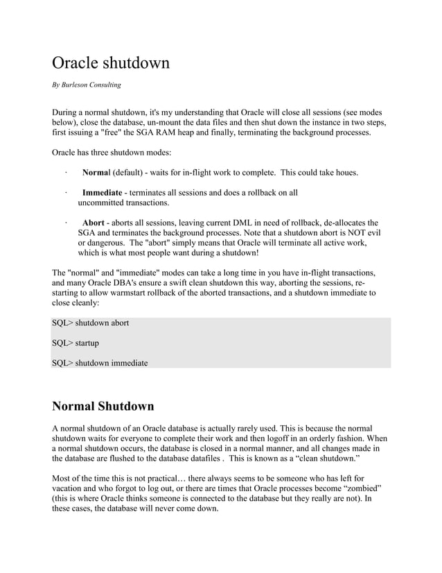 Oracle Shutdown Docx Databases Computer Software And Applications