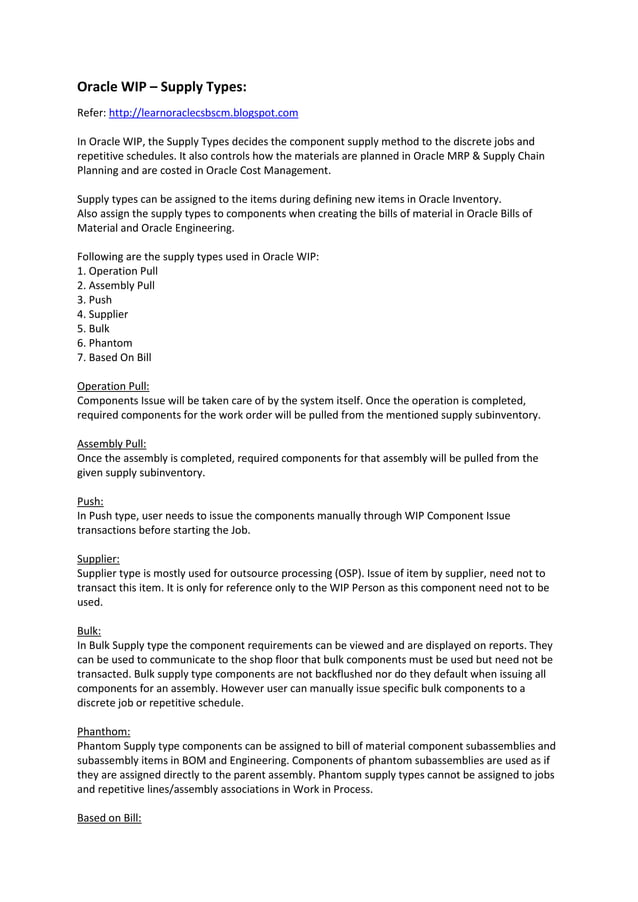 Oracle WIP – Supply Types: | PDF