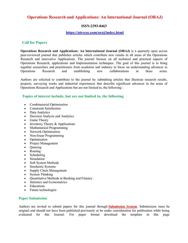Operations Research and Applications: An International Journal (ORAJ ...