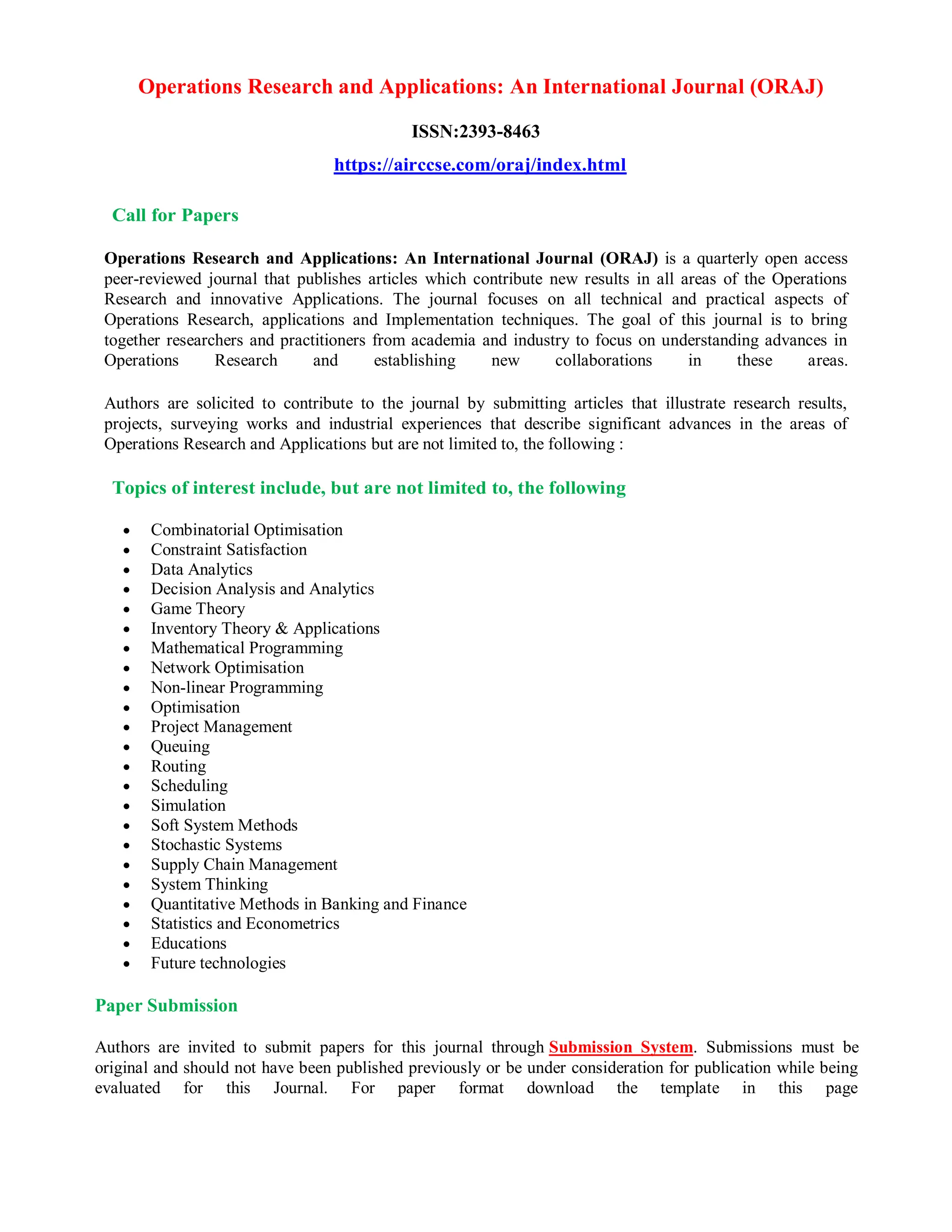 Operations Research and Applications : An International Journal (ORAJ) | PDF