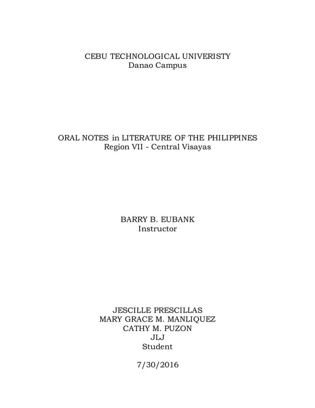Literature 1 Central Visayas Oral Notes | DOCX | Travel Locations | Travel