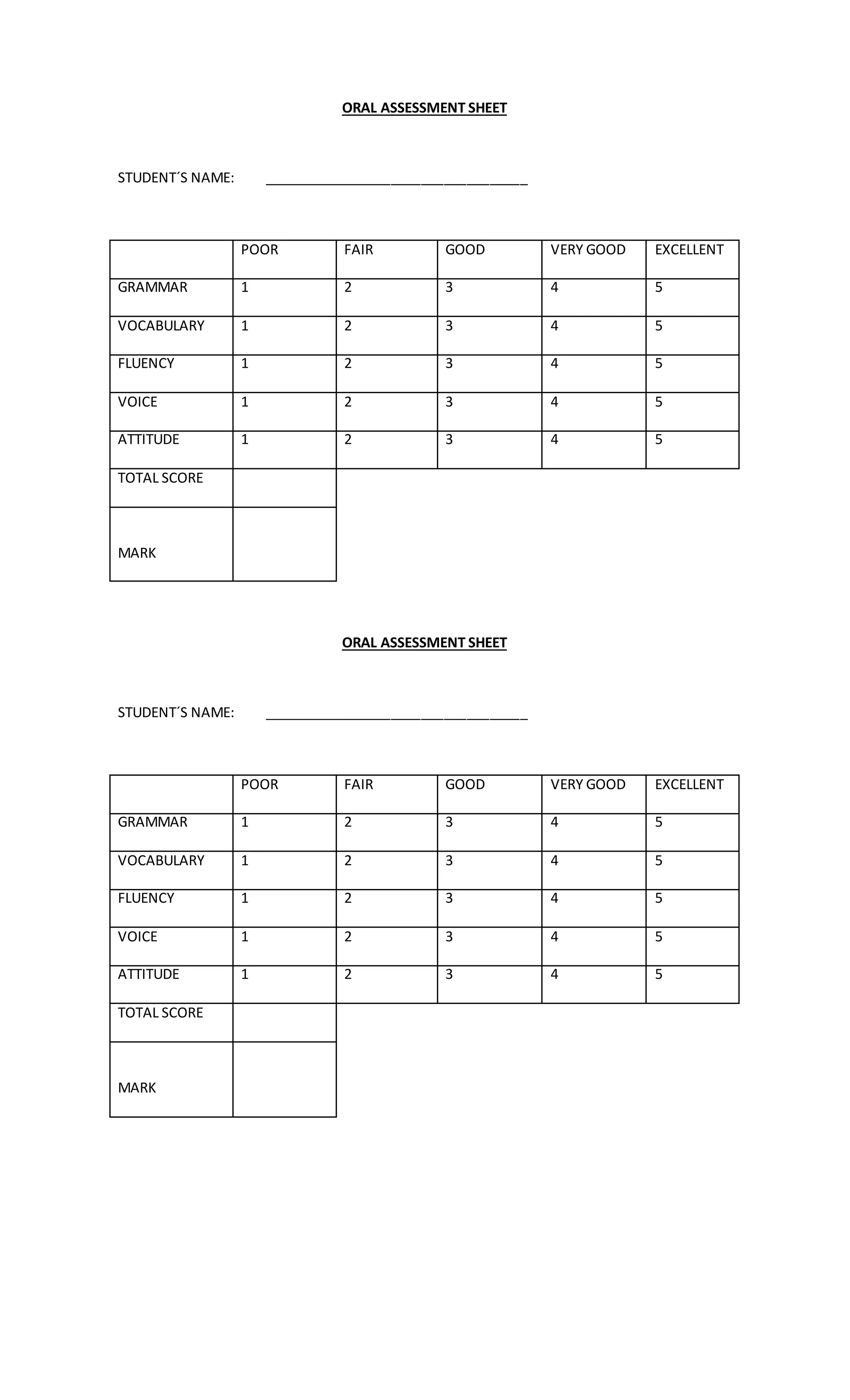 Oral assessment sheet | DOCX