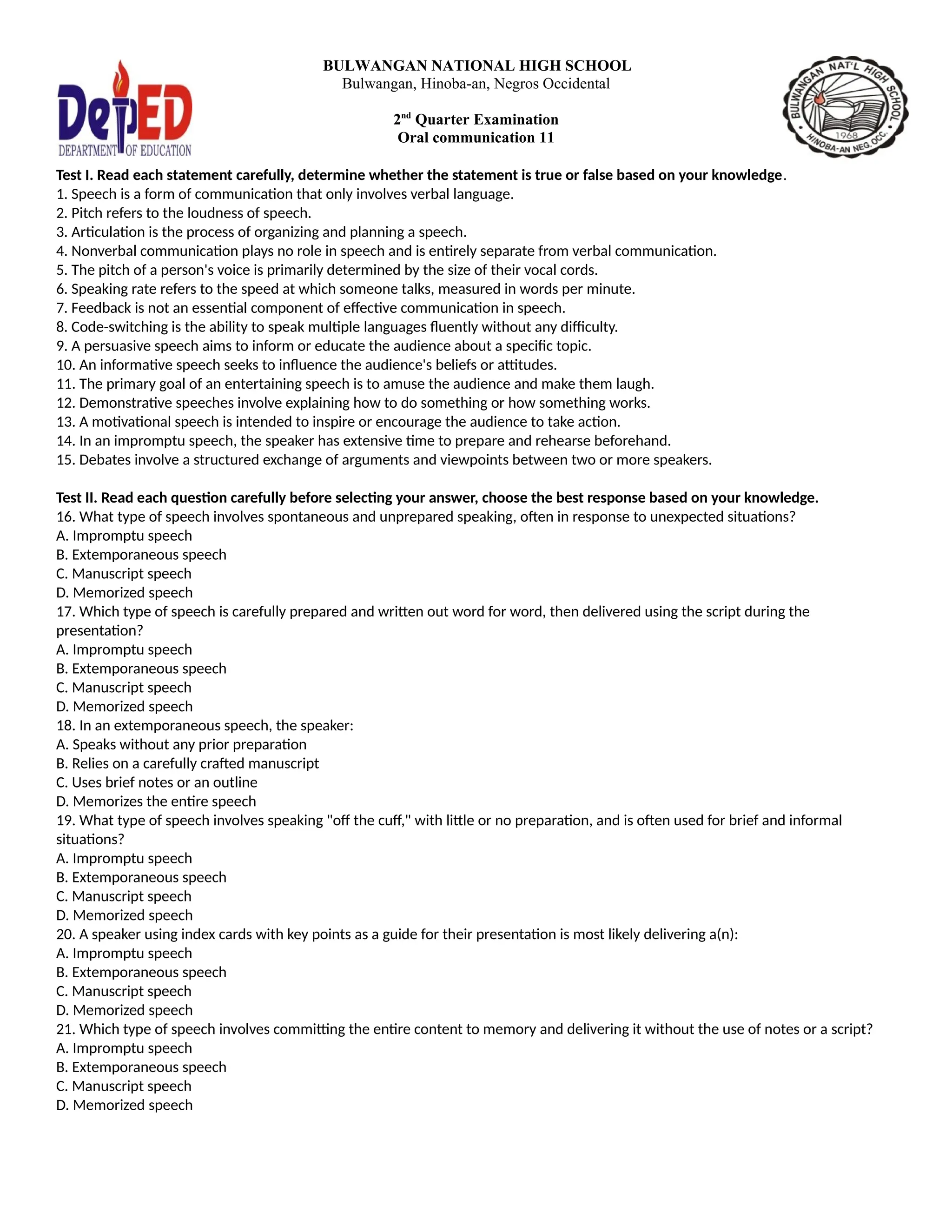 oral com 2nd examination. in grade 11 student from humanities | DOCX