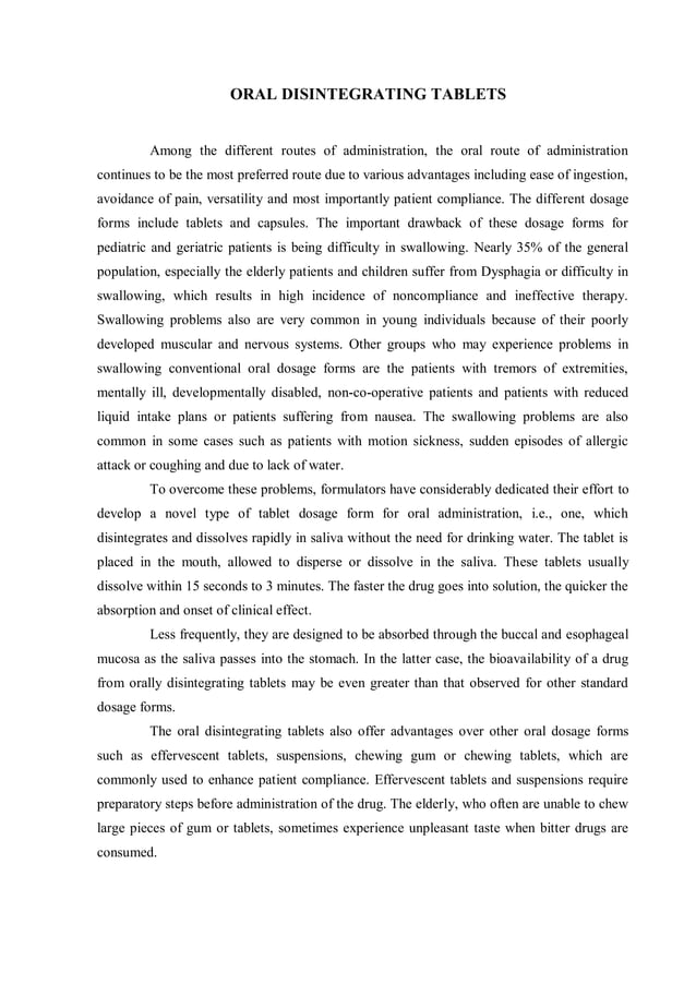 ORAL DISINTEGRATING TABLETS INTRODUCTION ADVANTAGES AND DISADVANTAGES | PDF