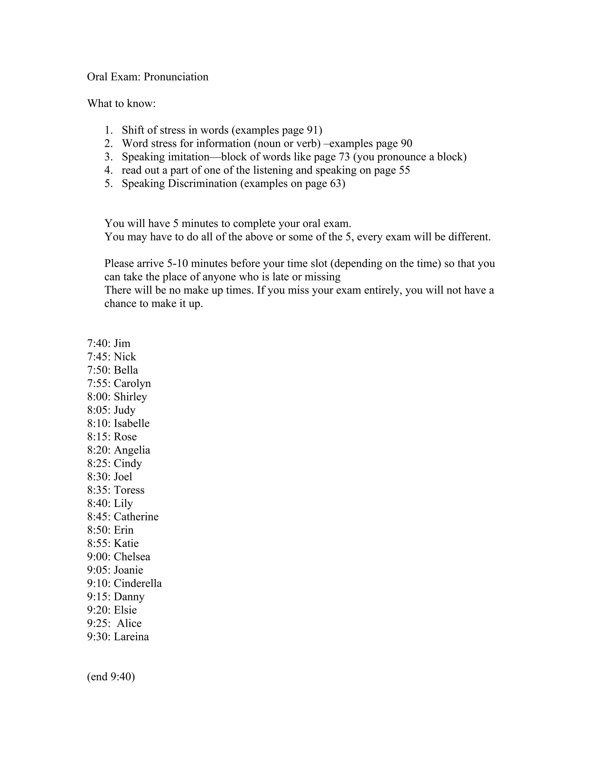 Oral exam. pronunciation.times. | DOC