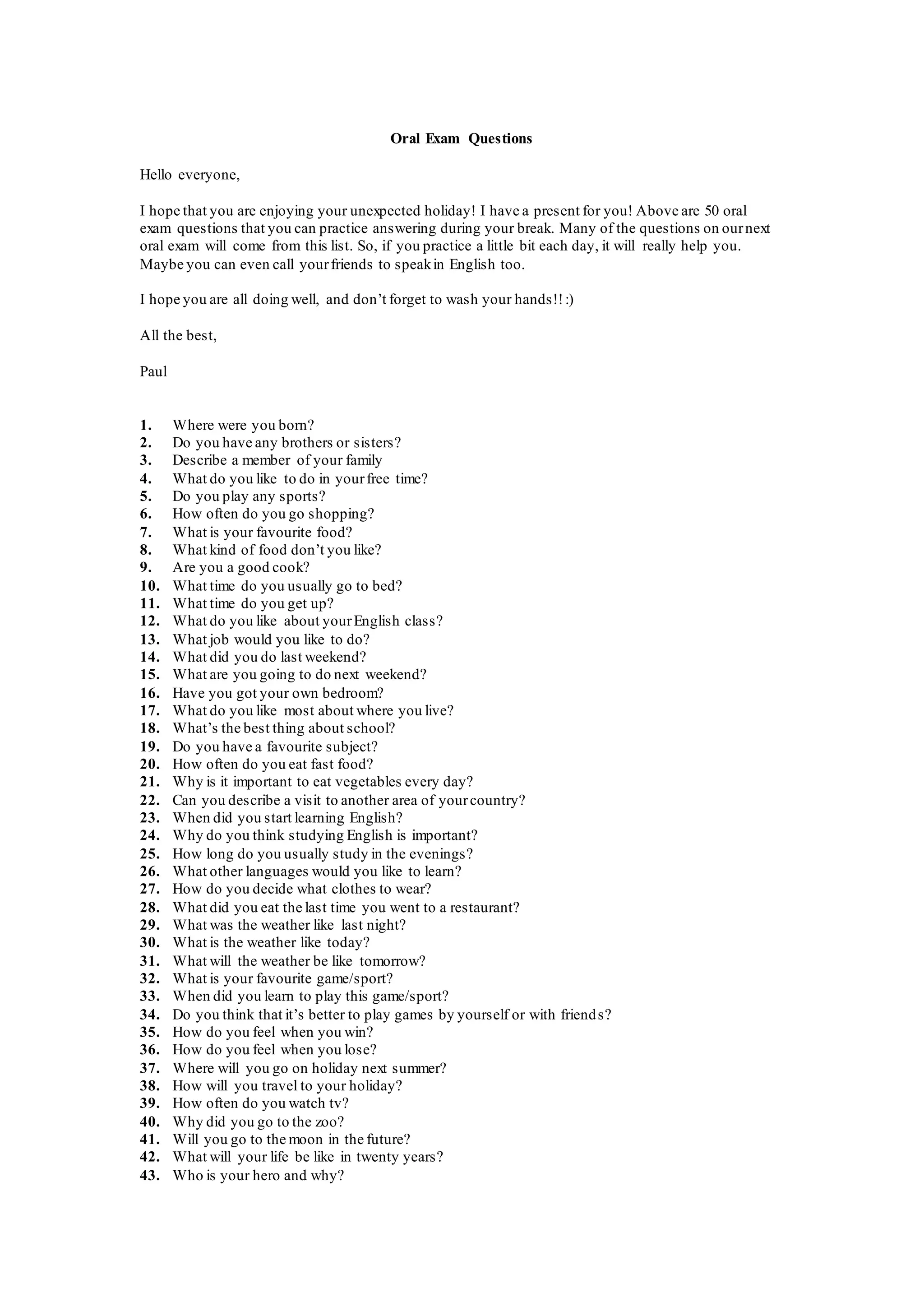 Oral exam questions | DOC