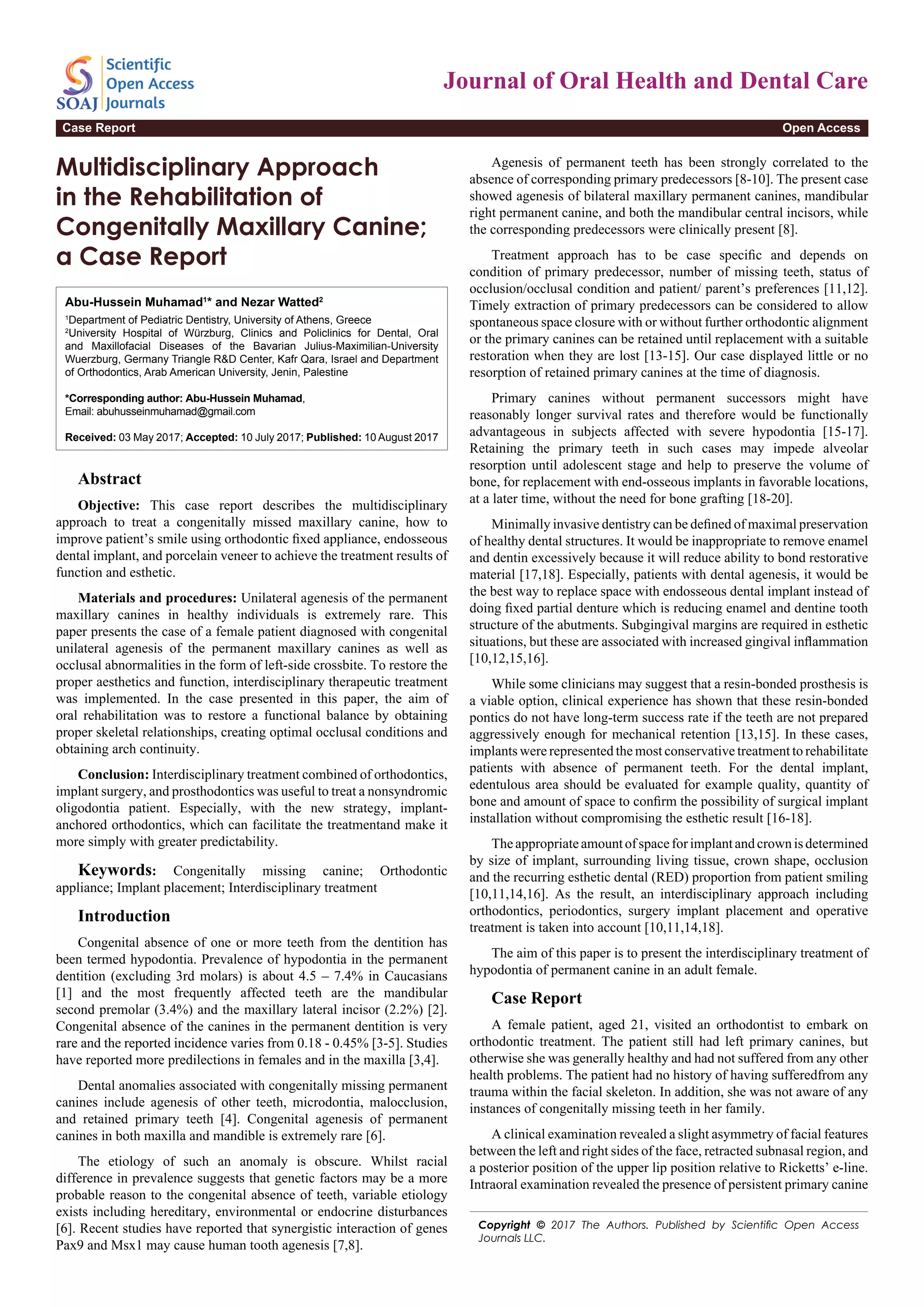 Multidisciplinary Approach in the Rehabilitation of Congenitally ...