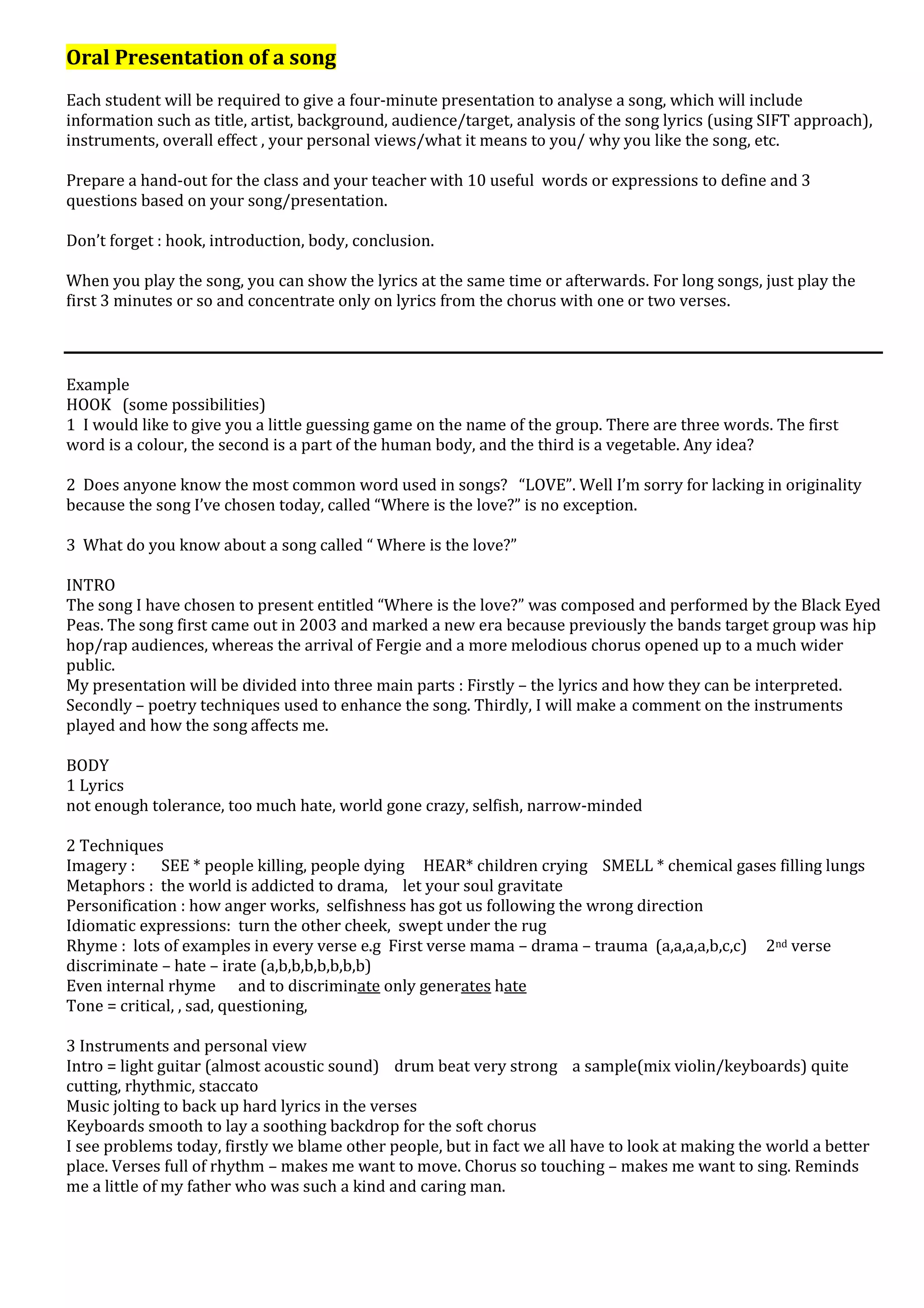 Oral presentation song | DOCX