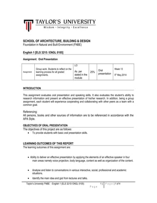 SEMESTER 1: English I Oral Presentation Brief (group) | DOC