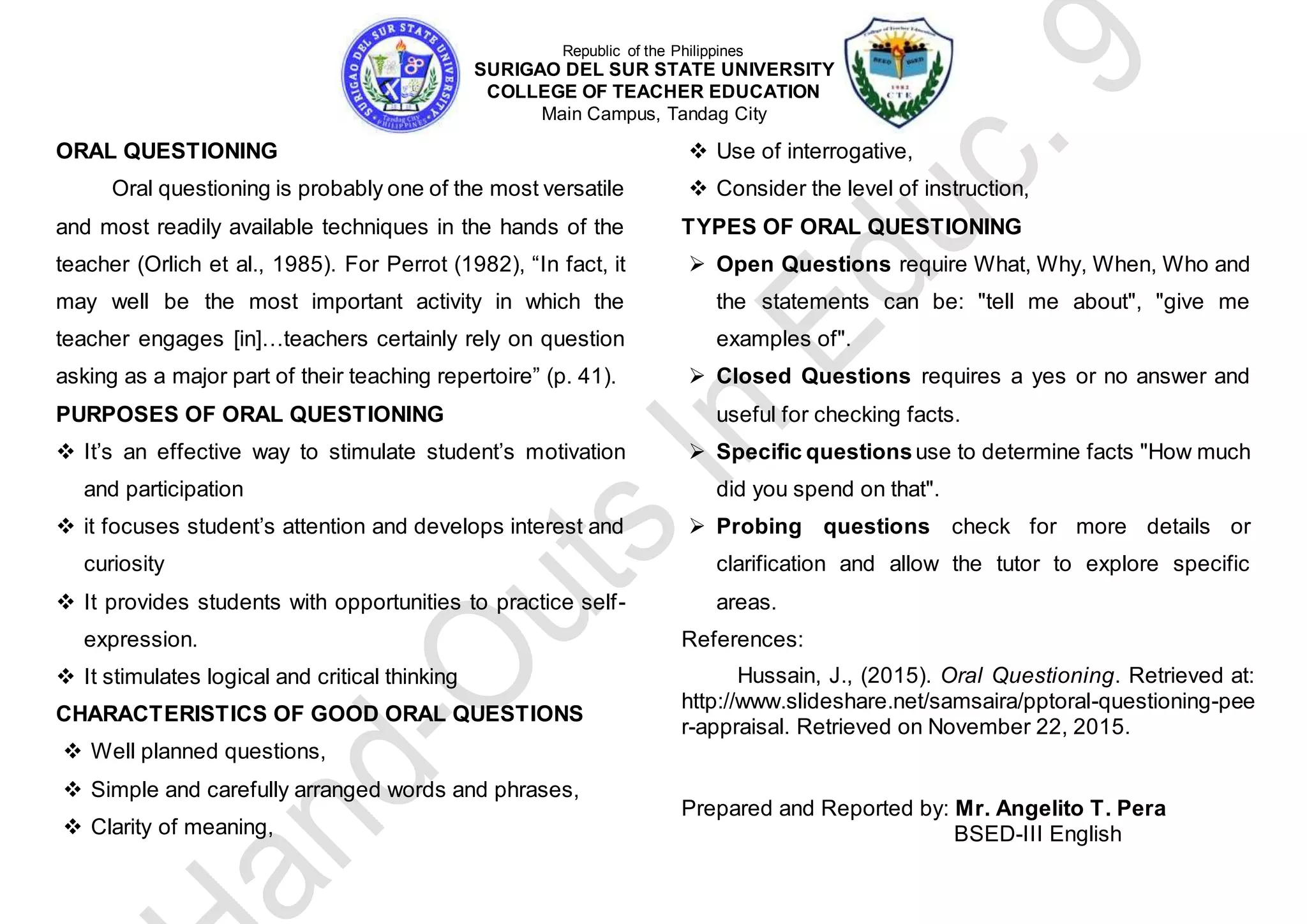 Oral questioning hand-outs | DOCX
