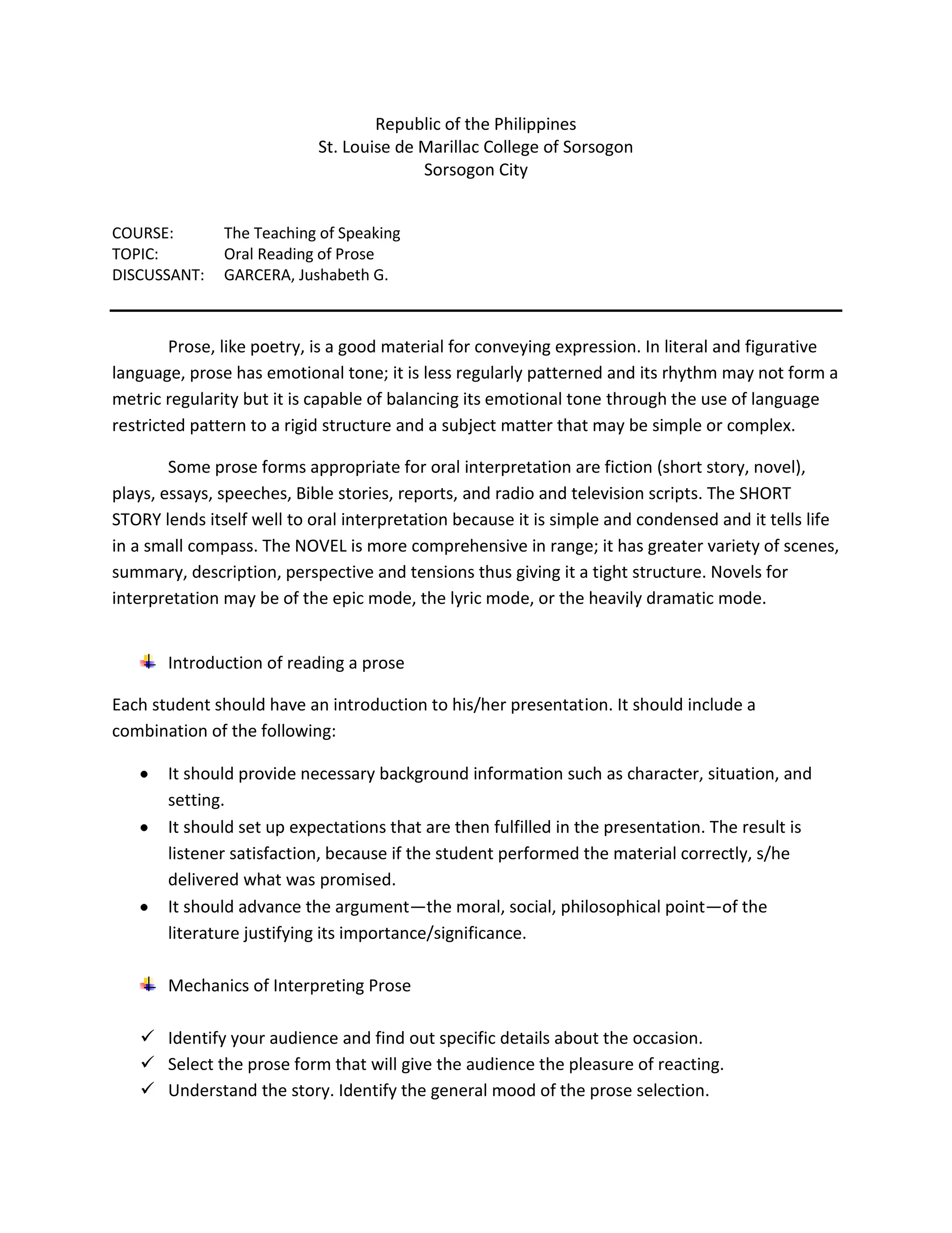 Oral reading of prose(teaching of speaking) | DOCX