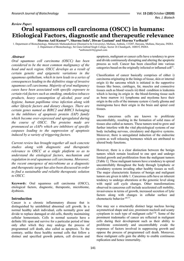 Oral squamous cell carcinoma (OSCC) in humans: Etiological Factors ...