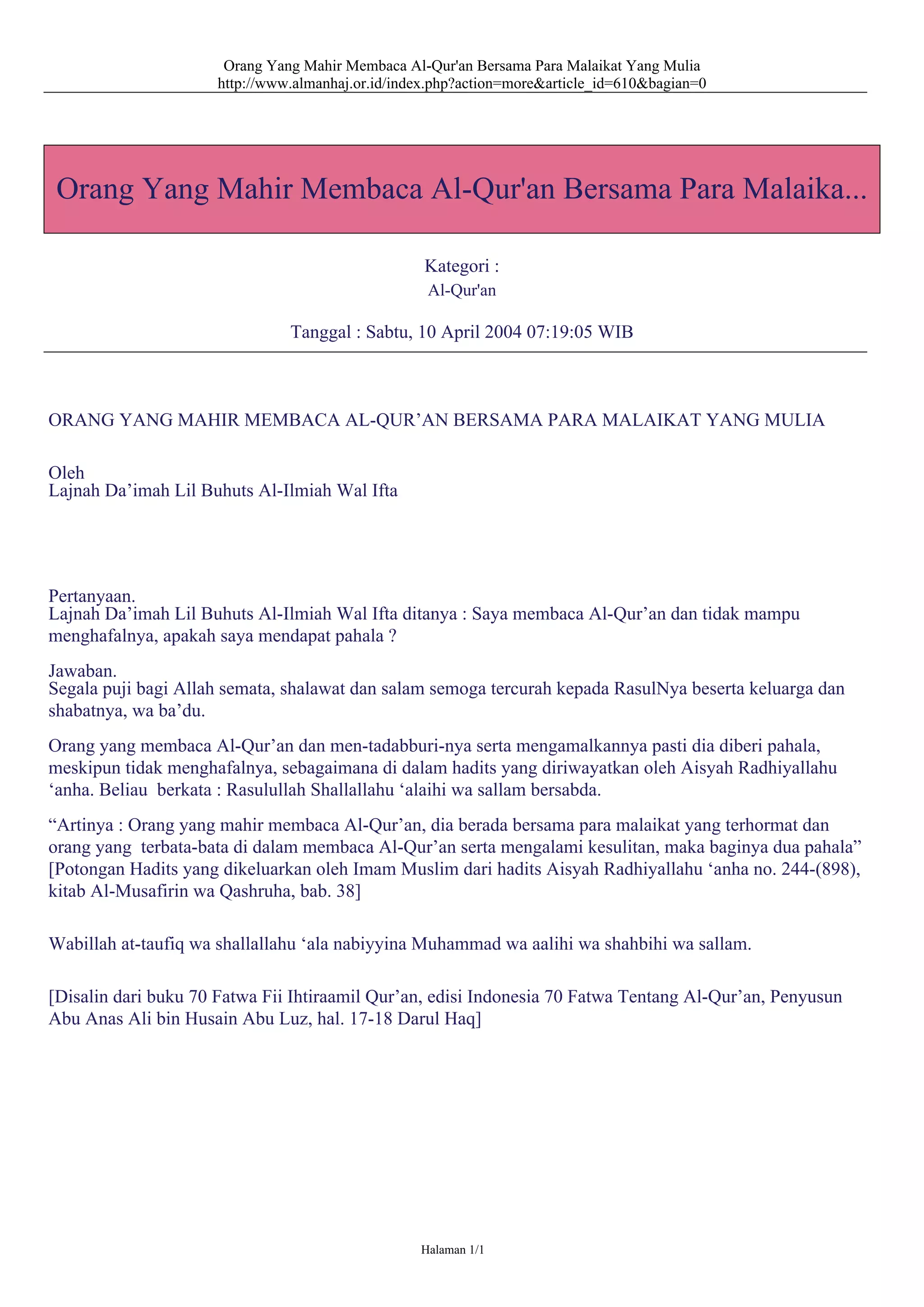 Orang yang-mahir-membaca-al-qur-an-bersama-para-malaikat-yang-mulia | PDF