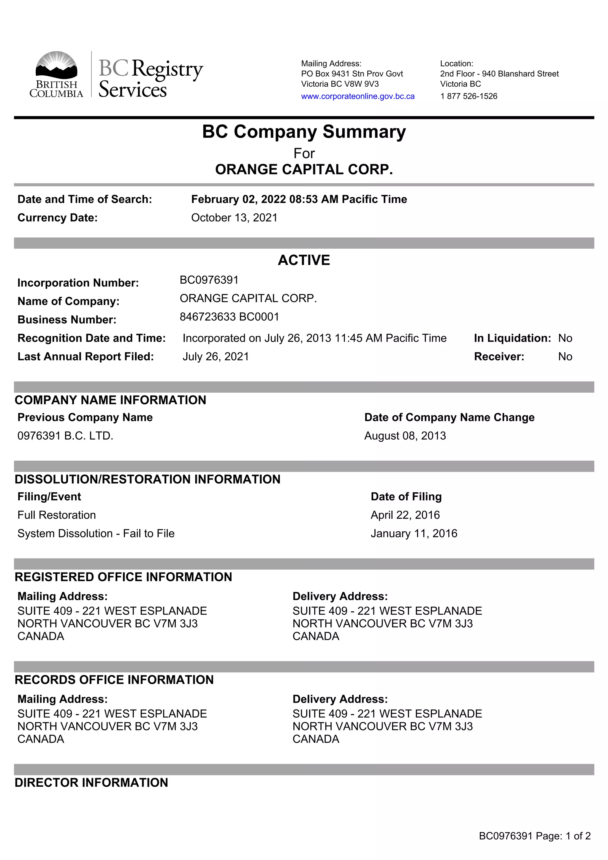 BC Business Search Orange Capital | PDF