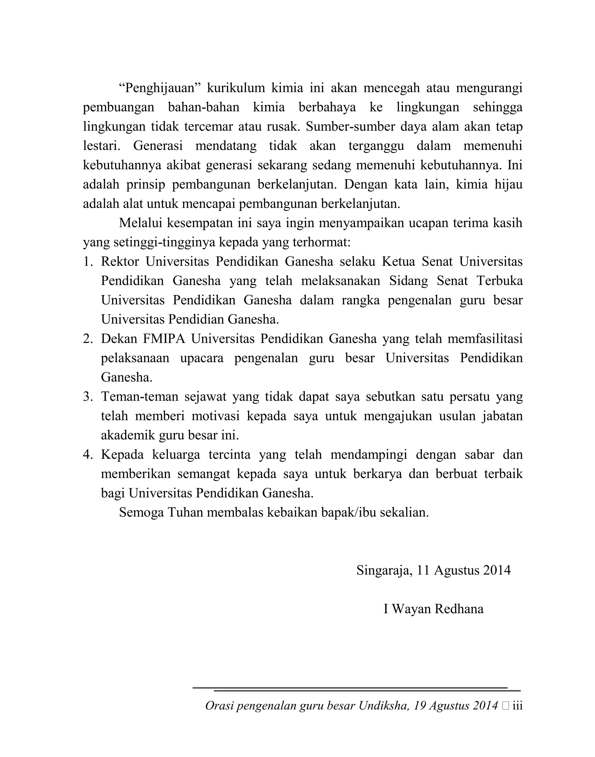 Orasi Pengenalan Guru Besar I Wayan Redhana Undiksha | PDF