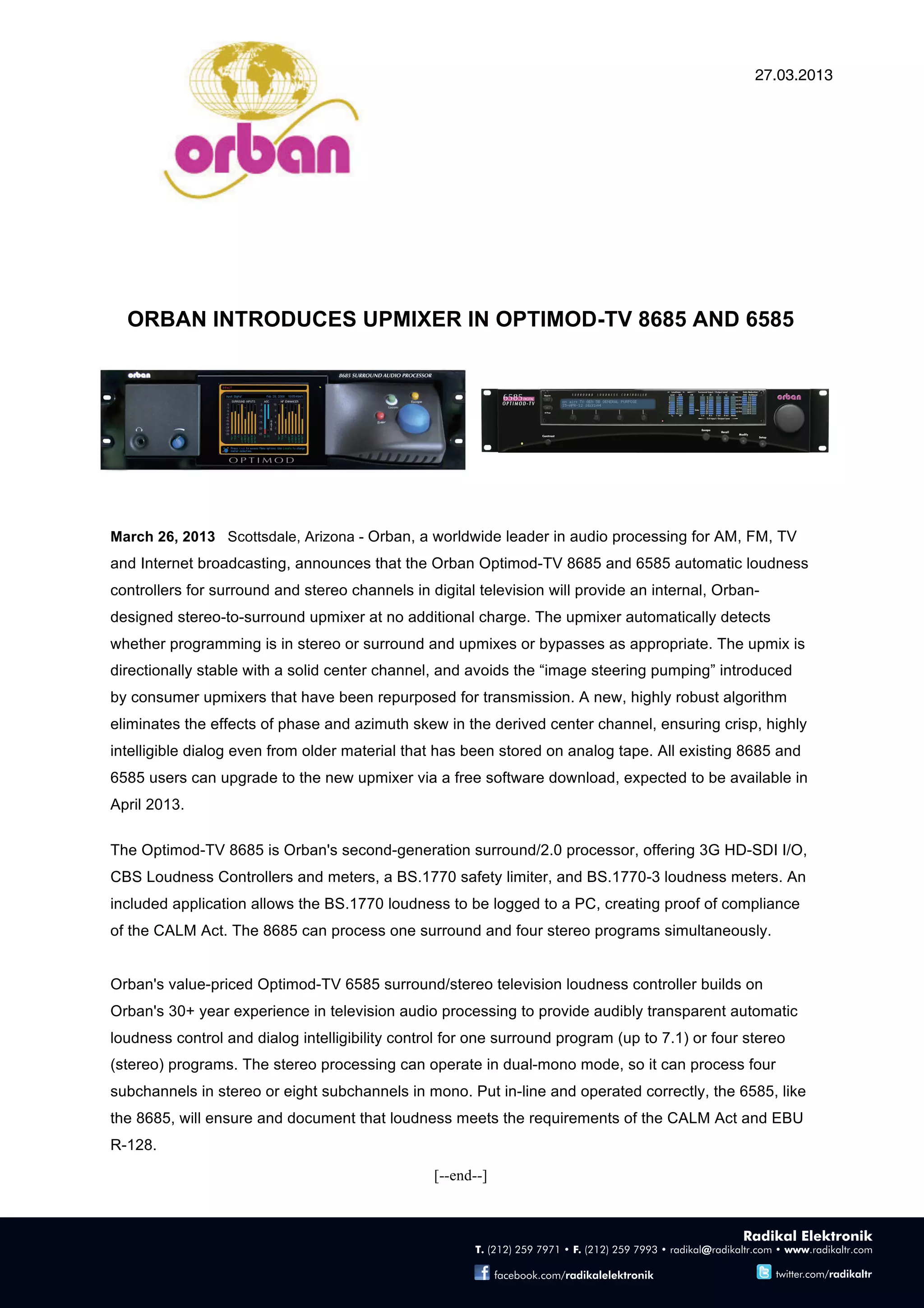 Orban upmixer in optimod tv 8685 and 6585 | PDF