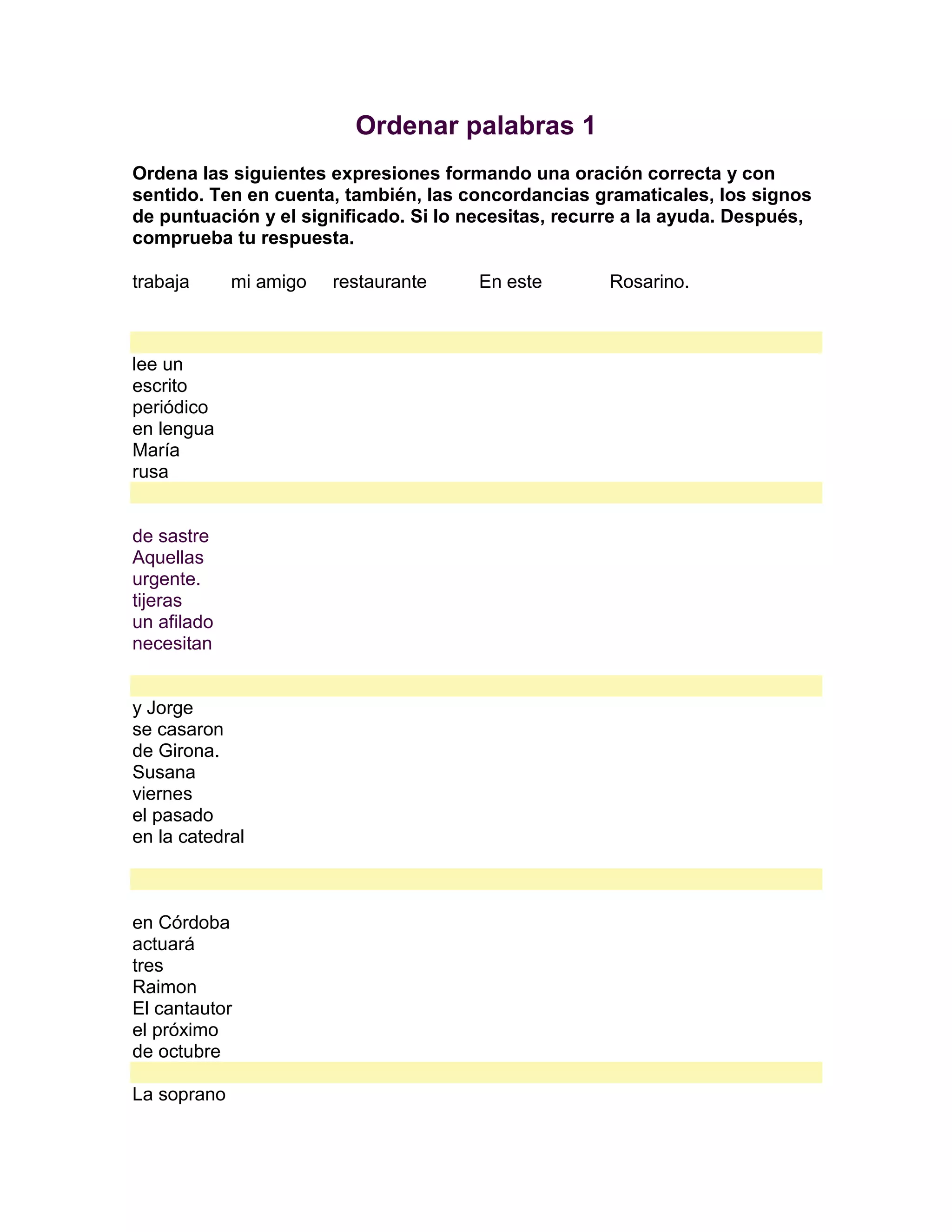 Ordenar palabras 1 formar oraciones | DOCX