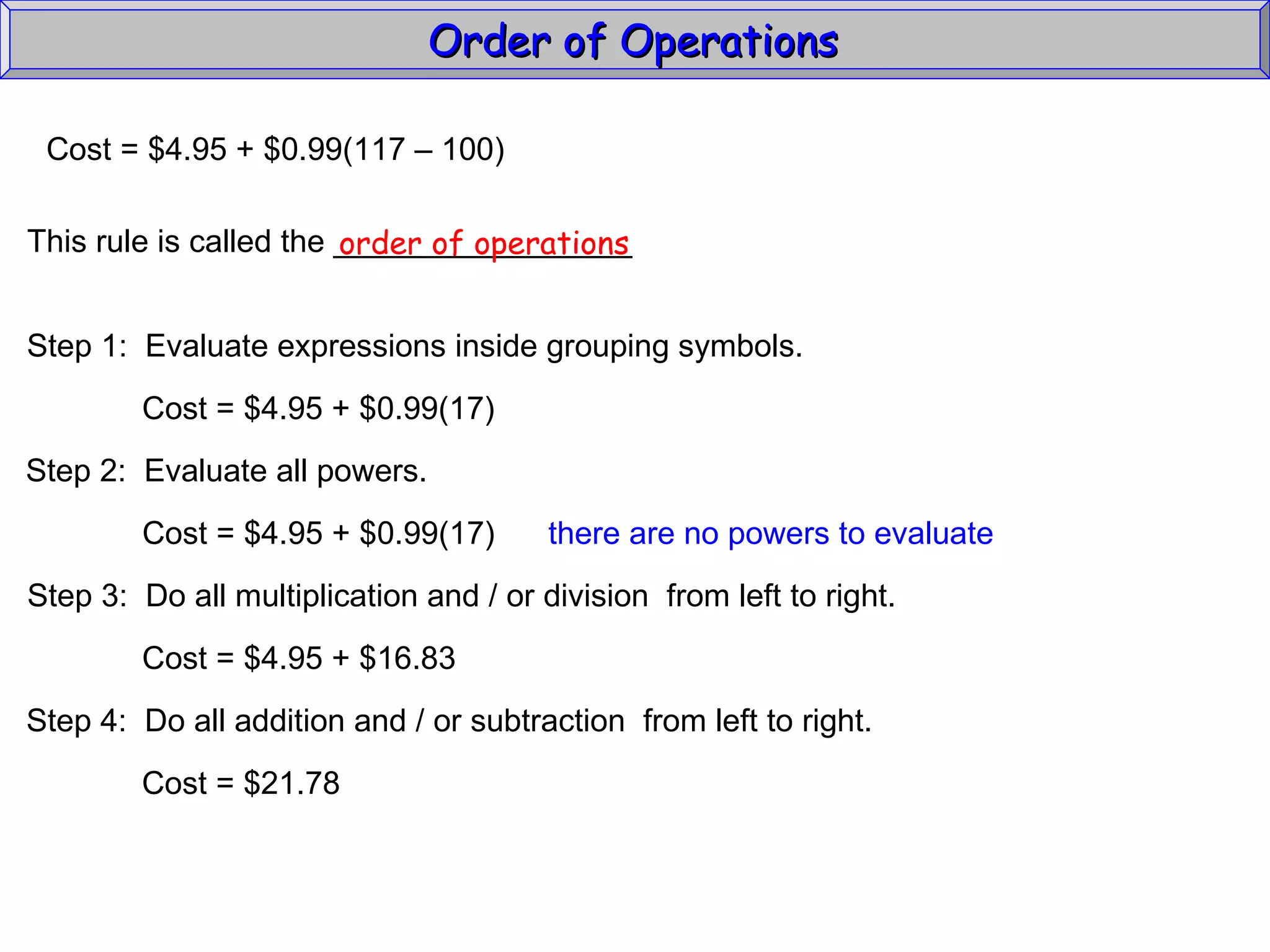 Order of Operations (Algebra1 1_2) | PPT