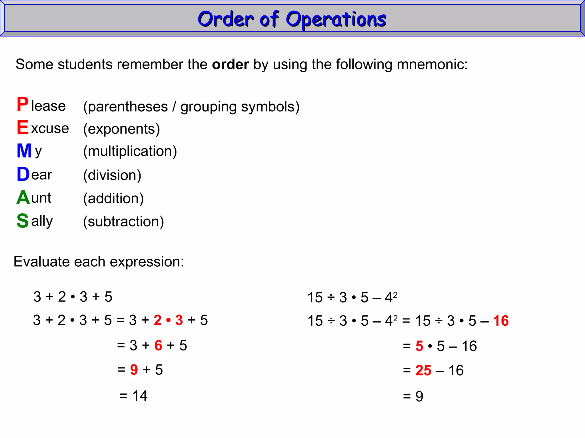 Order of Operations (Algebra1 1_2) | PPT