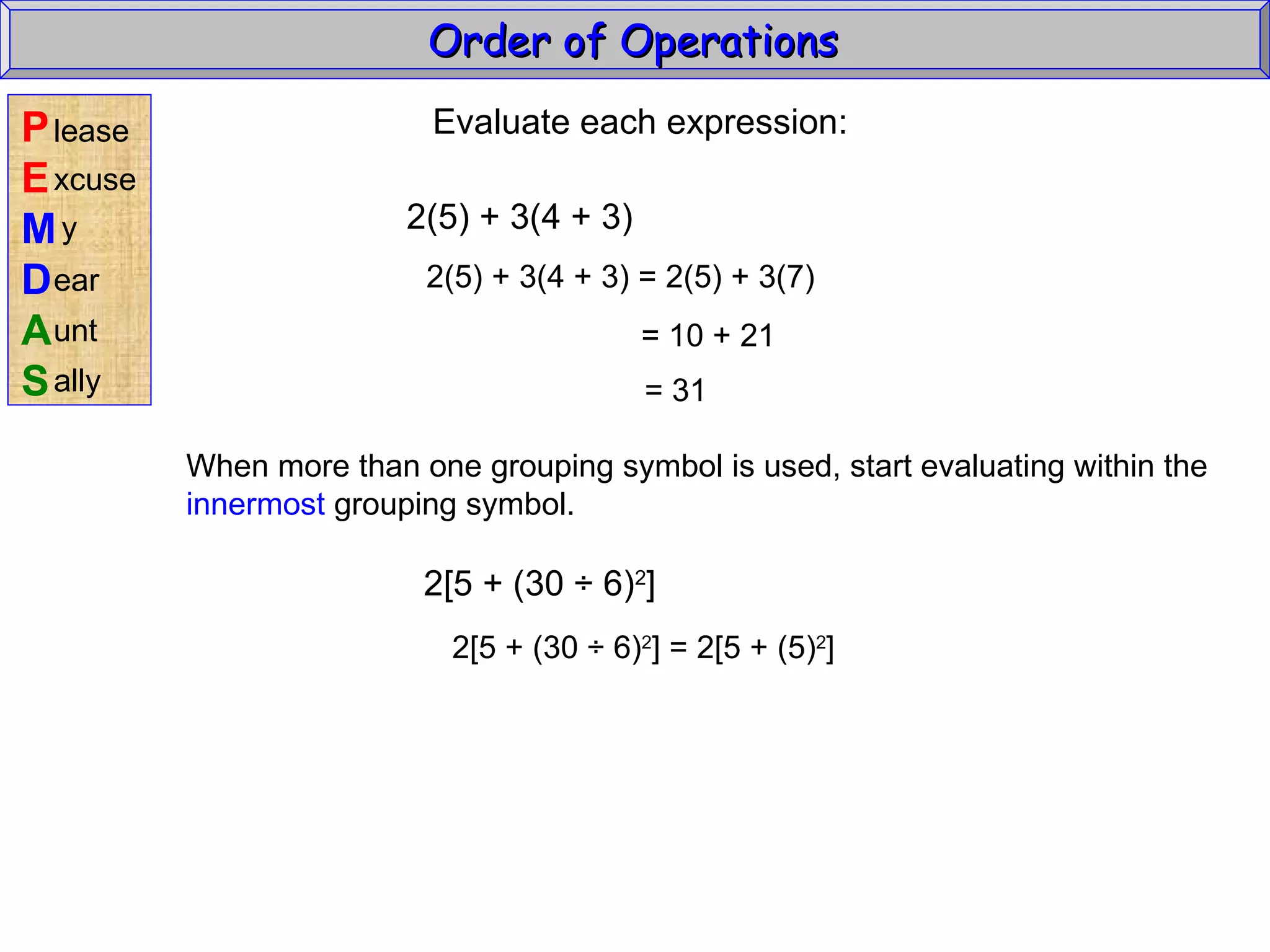 Order of Operations (Algebra1 1_2) | PPT