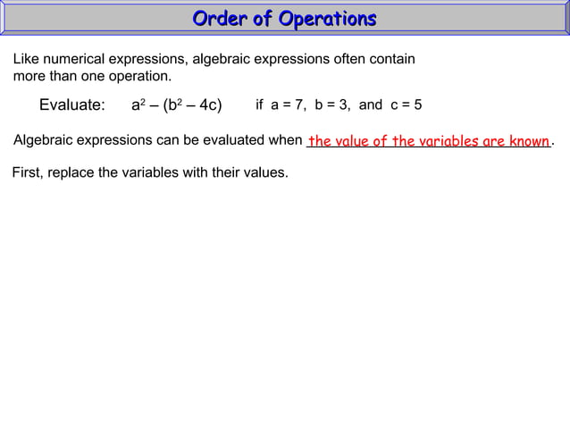 Order of Operations (Algebra1 1_2) | PPT