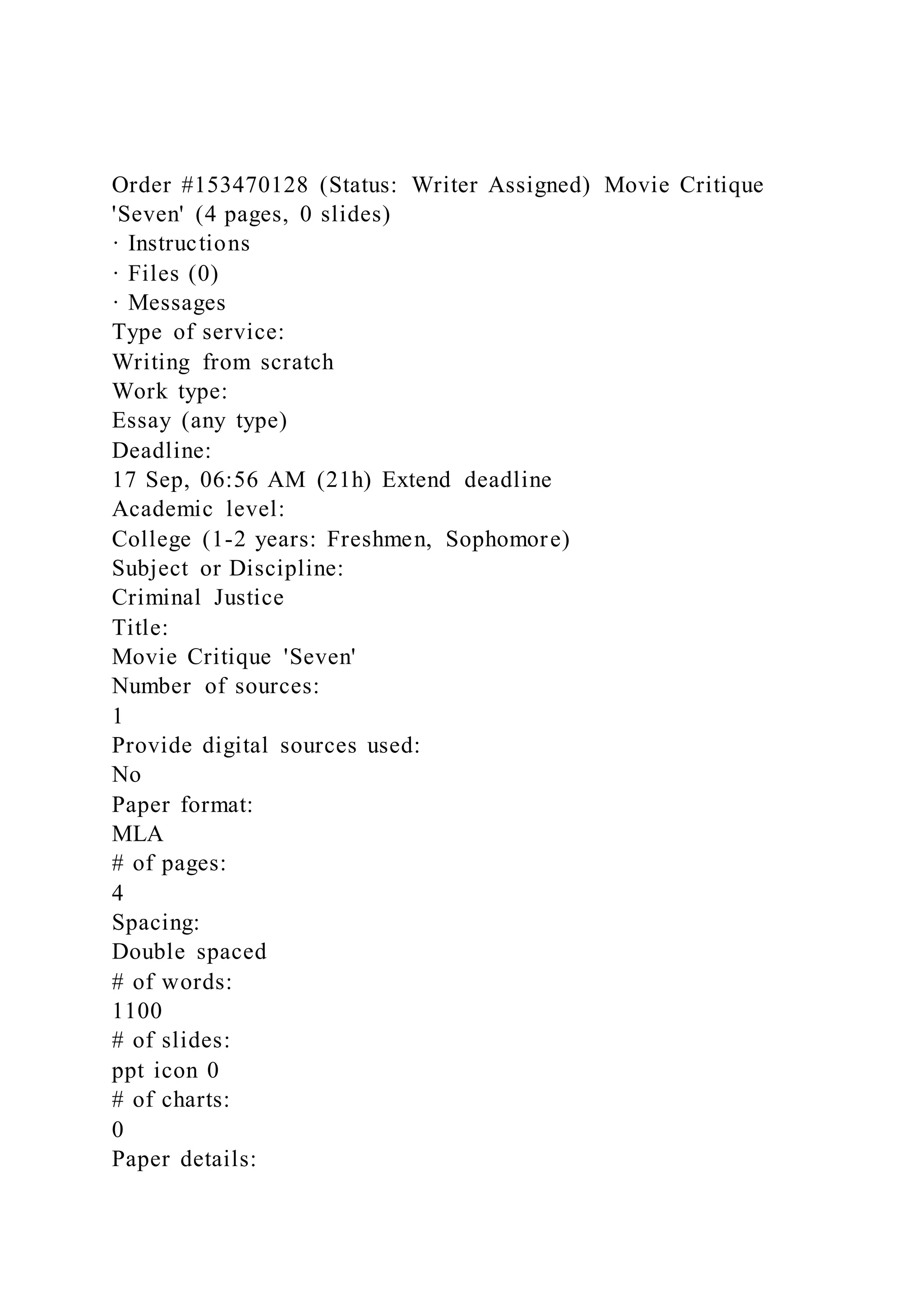 Order #153470128 (status writer assigned) movie critique seven | DOCX