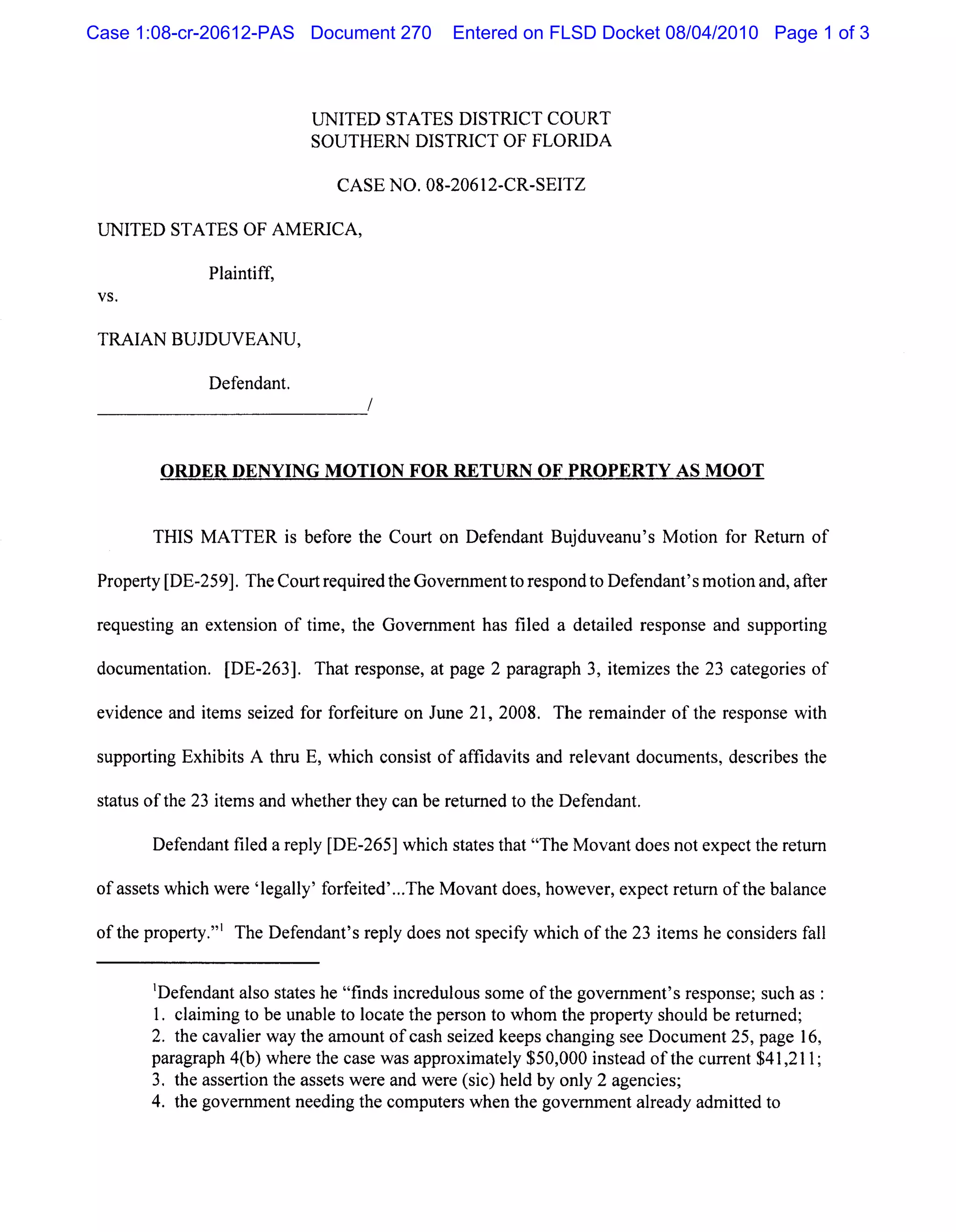 Order denying motion for return of property as moot | PDF