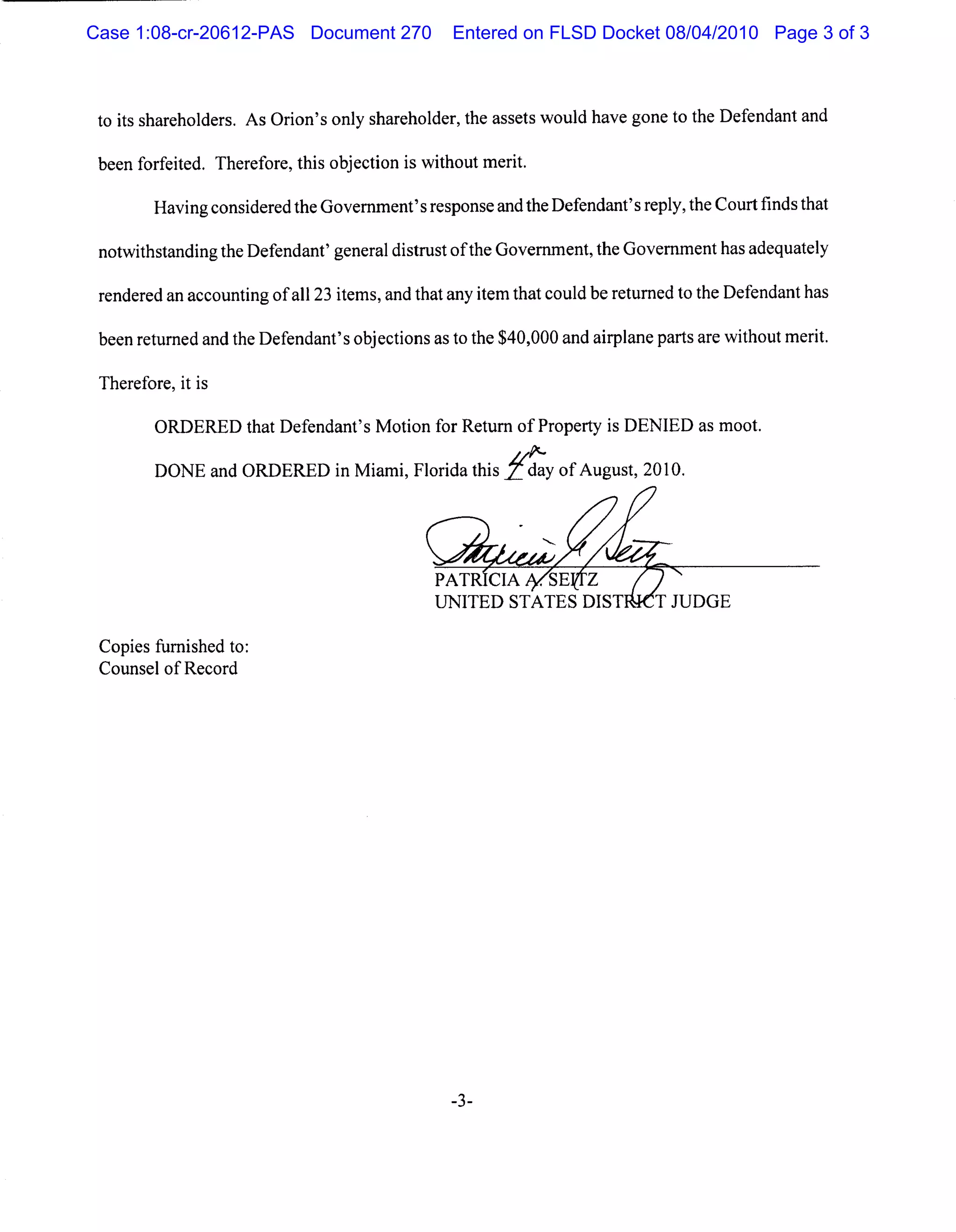 Order denying motion for return of property as moot | PDF
