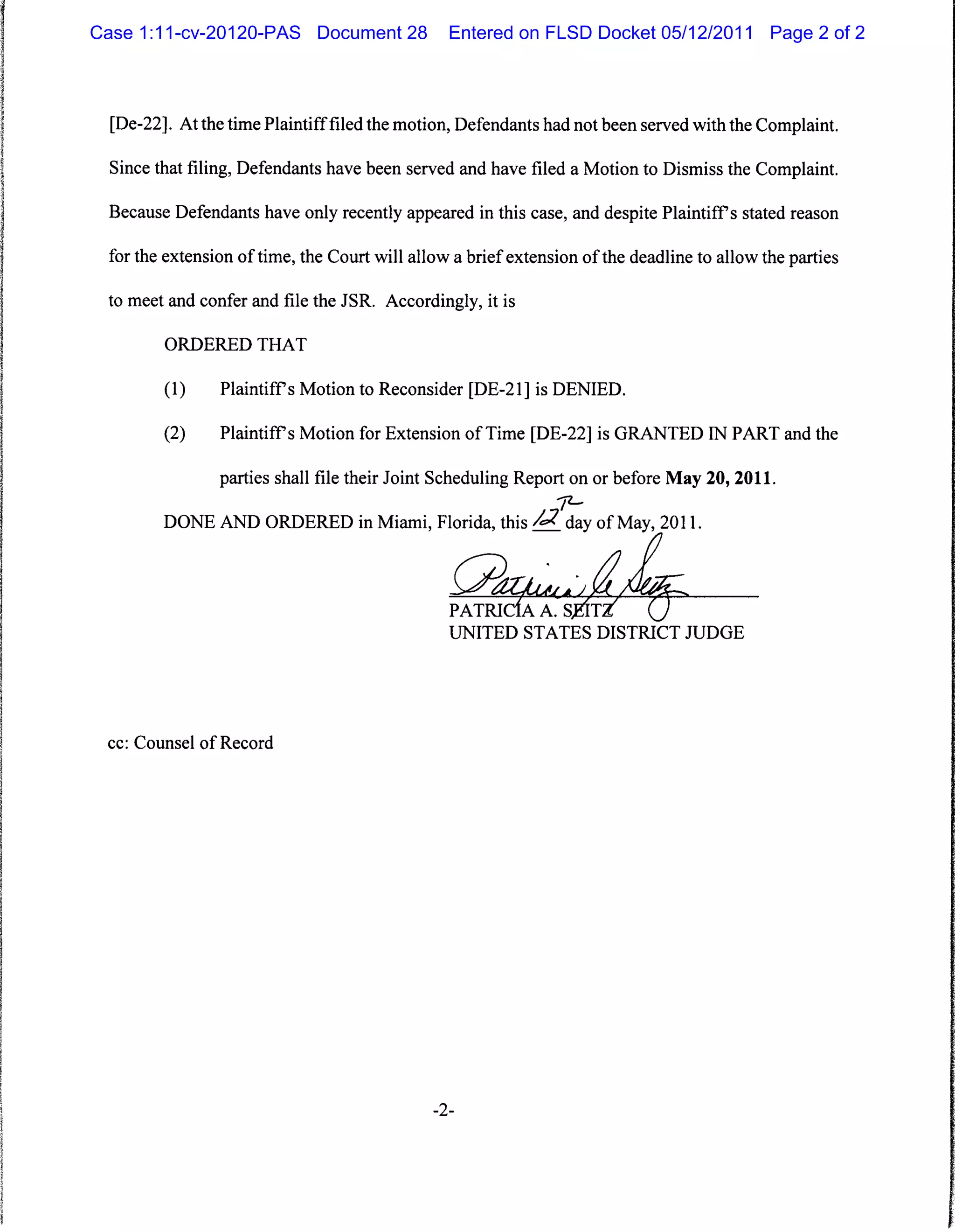 Order denying motion to reconsider and granting motion for extension of ...